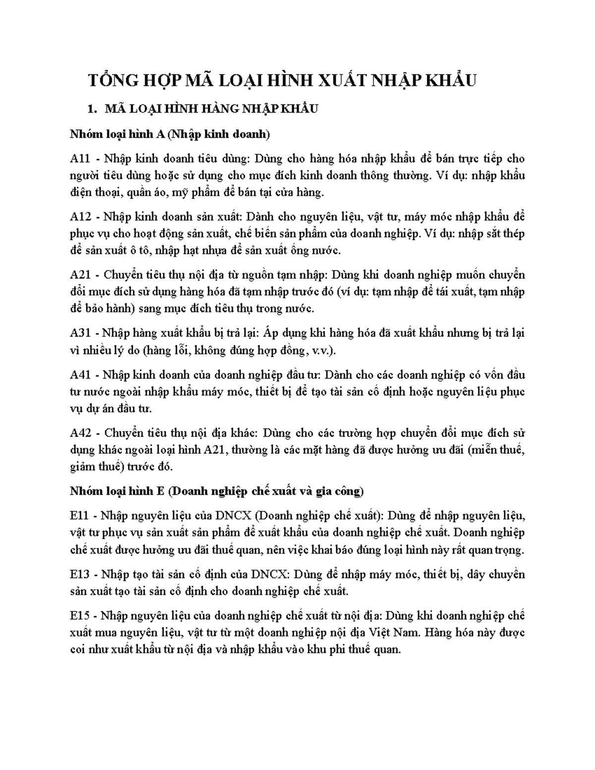 Tổng Hợp Mã Loại Hình Xuất Nhập Khẩu - HHHHH - Studocu