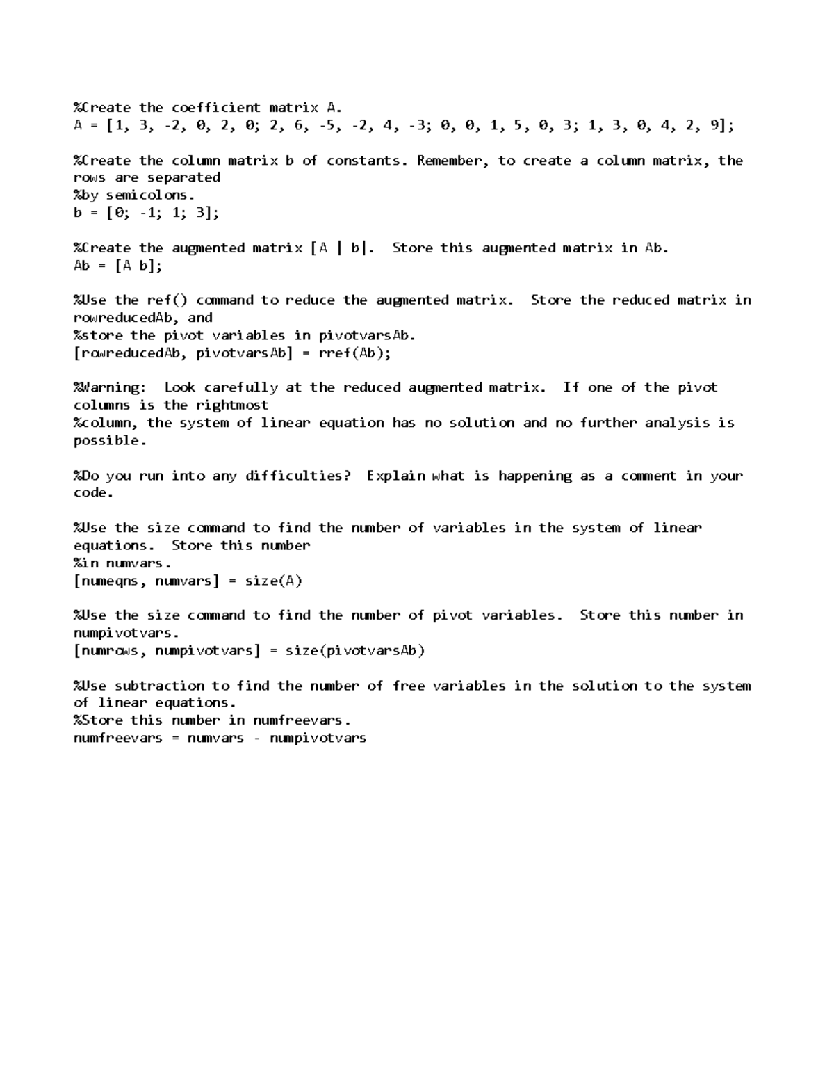 MAT 1.8 Augmented Matrices in Matlab: Coefficient & Column Matrix - Studocu