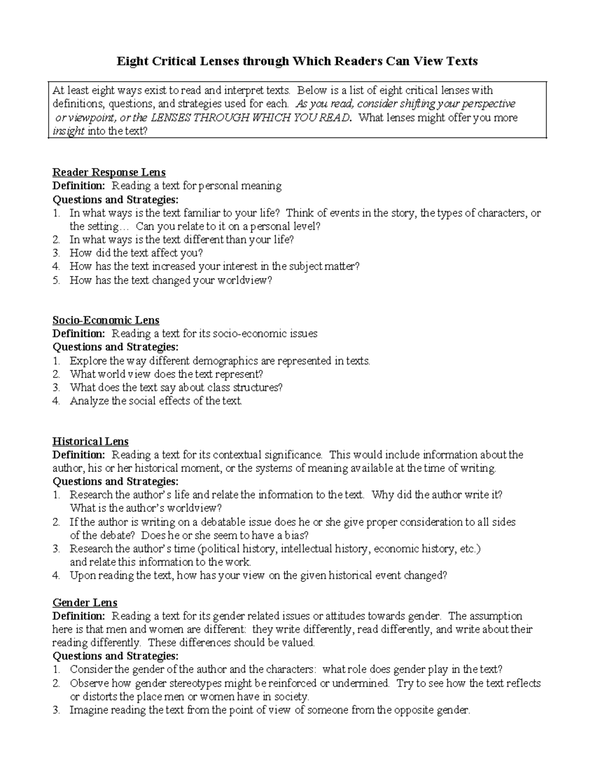 Eight Critical Lenses for Text Interpretation - Assignment - Studocu
