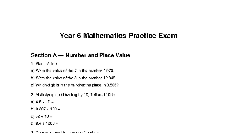 Year 6 Math Practice Exam: Number & Place Value Questions - Studocu