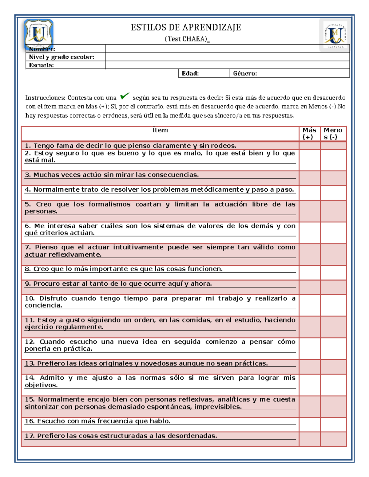 Estilos DE Aprendizaje (Test Chaea) - ESTILOS DE APRENDIZAJE (Test ...