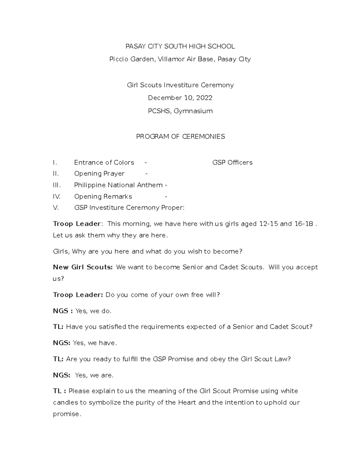 Investiture Ceremony Script - GSP Lecture Materials - Studocu