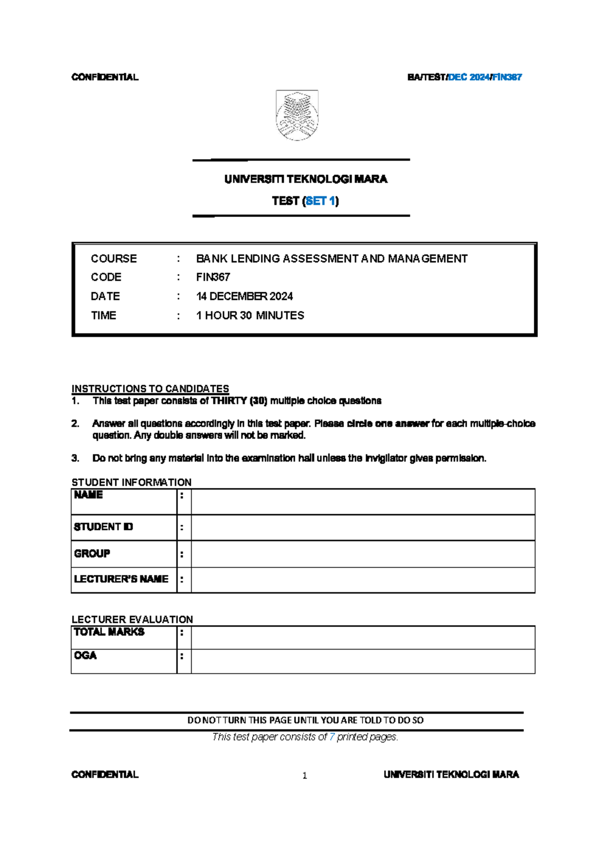 FIN367: Bank Lending Assessment & Management Final Exam Guide - Studocu