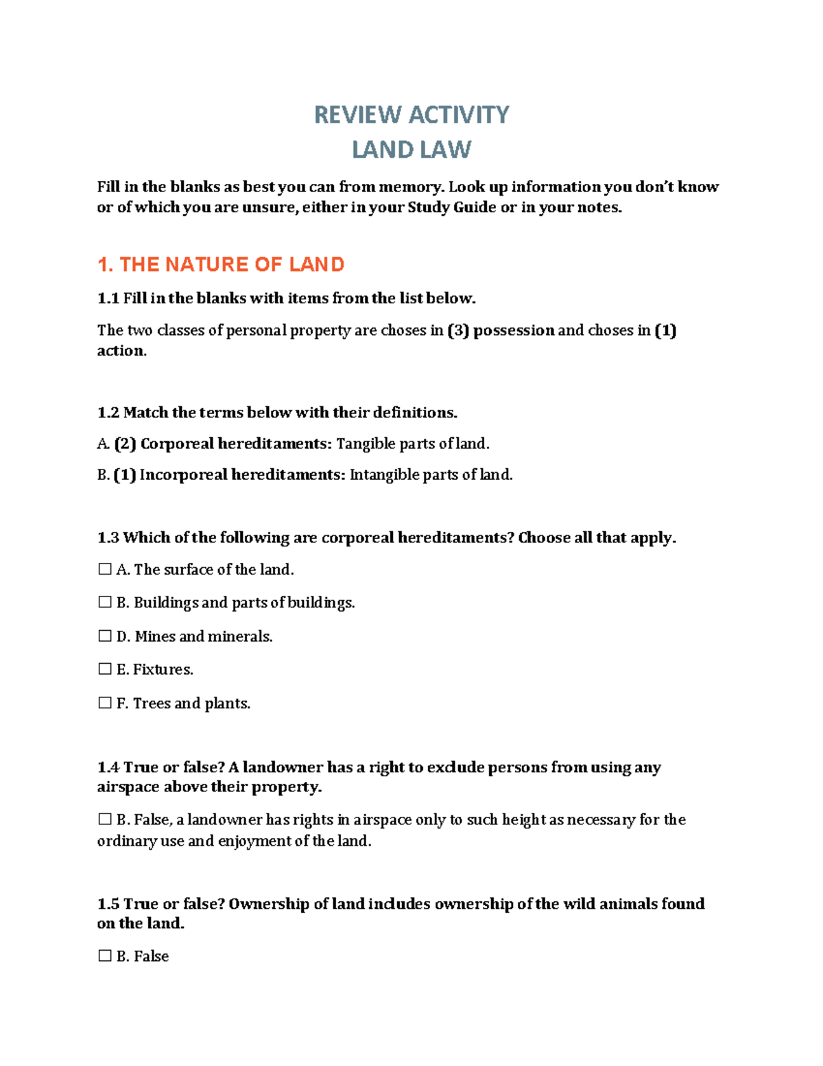 Land Law Review Activity: Fill-in-the-Blanks & True/False Questions ...