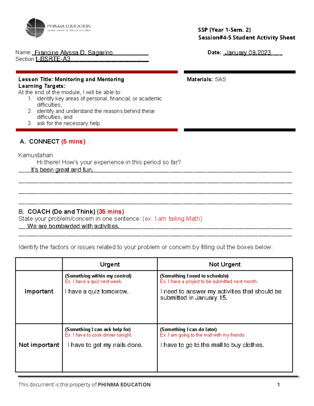 1) Monitoring and Mentoring SAS Session 4 - SSP (Year 1-Sem. 2) Session#4-5 Student Activity ...