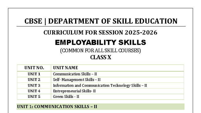 CBSE Employability Skills Class X Curriculum Overview - Studocu