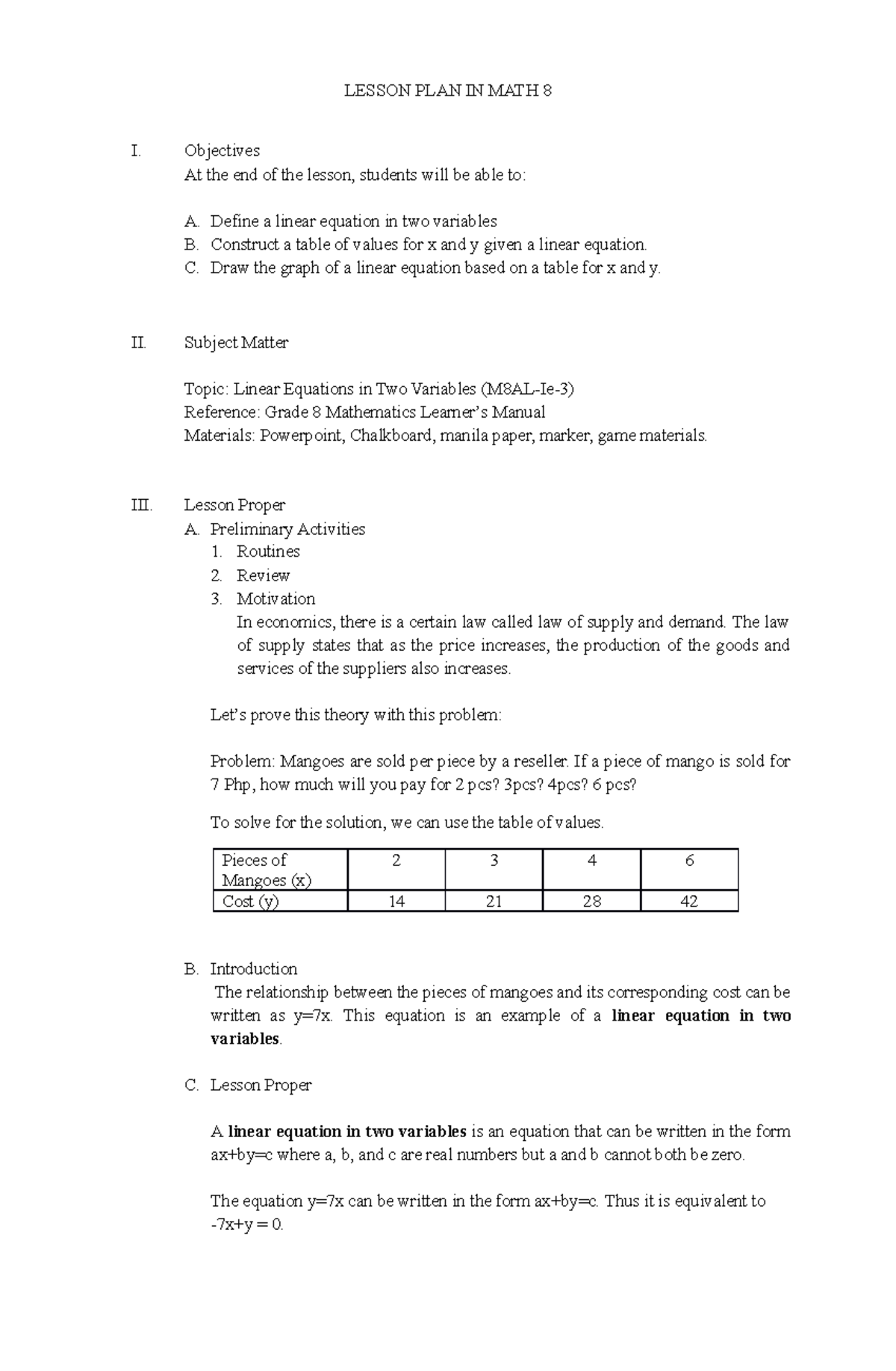 Math 8 Lesson Plan: Understanding Linear Equations in Two Variables ...