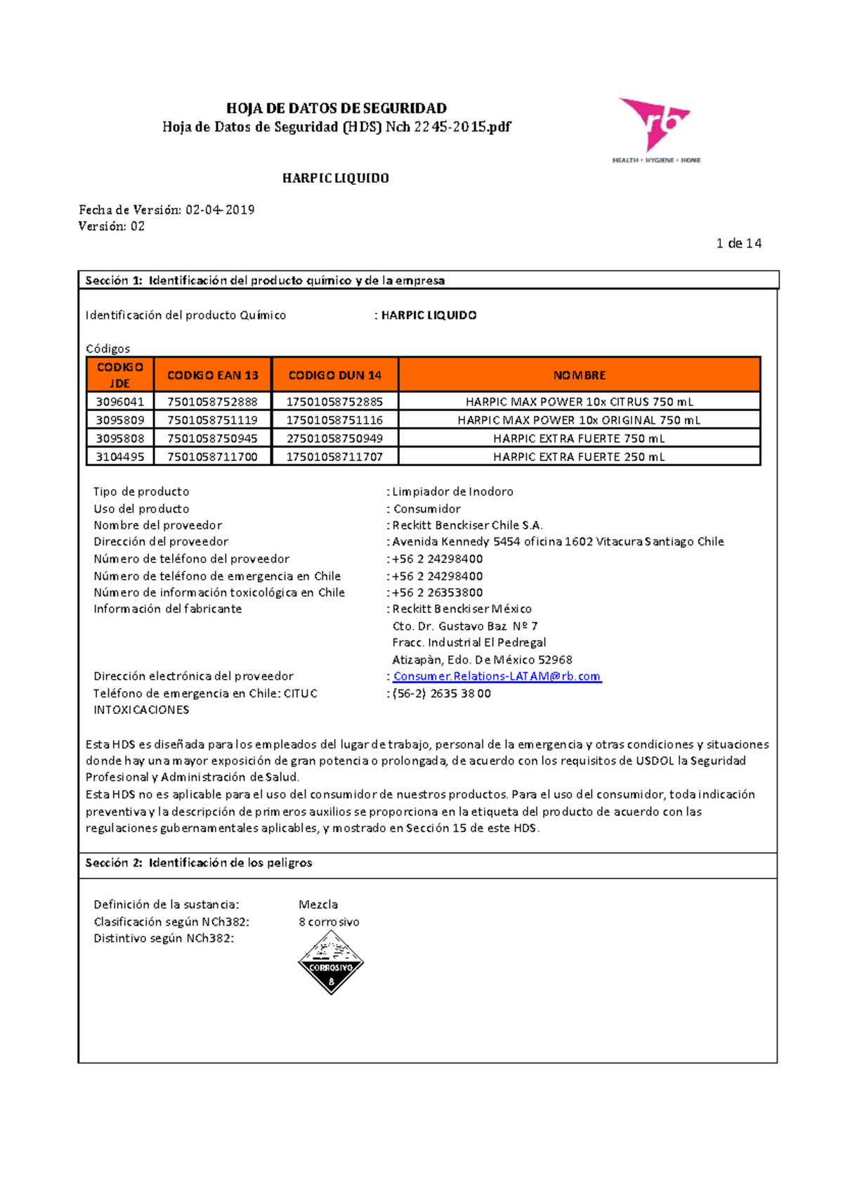 Hoja de Datos de Seguridad (HDS) para HARPIC MAX Power 750 ML - Studocu