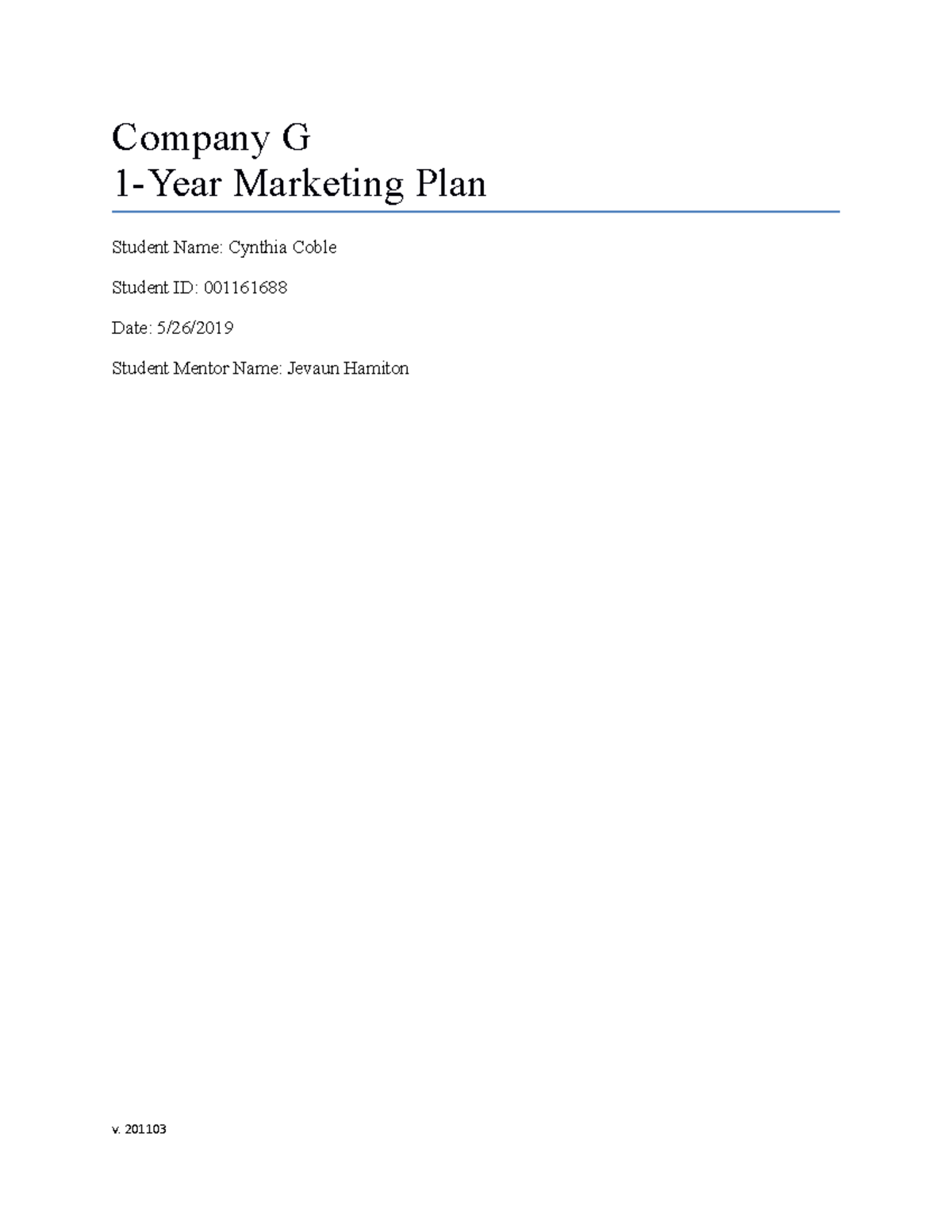 Marketing Plan Template - Company G 1-Year Marketing Plan Student Name ...