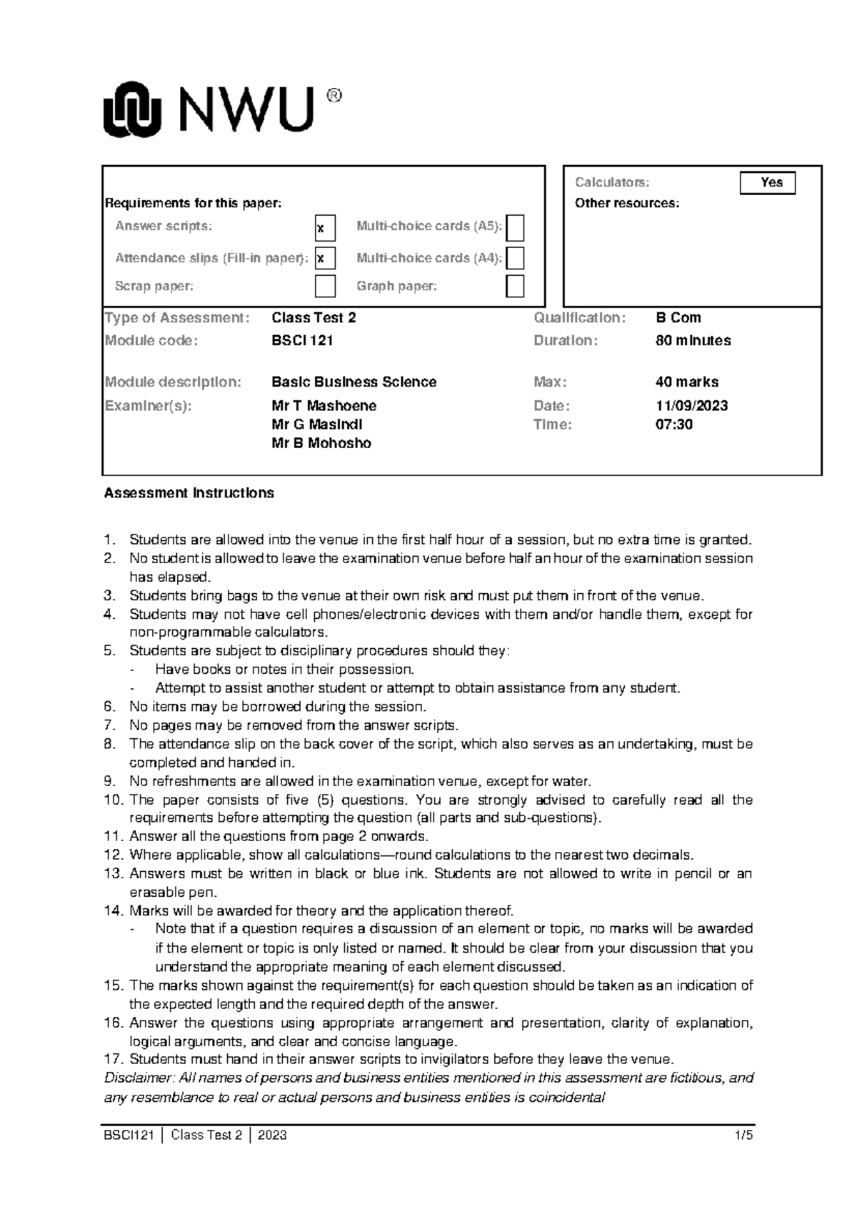 BSCI 121 Class Test 2: Business Science Assessment Guidelines - Studocu