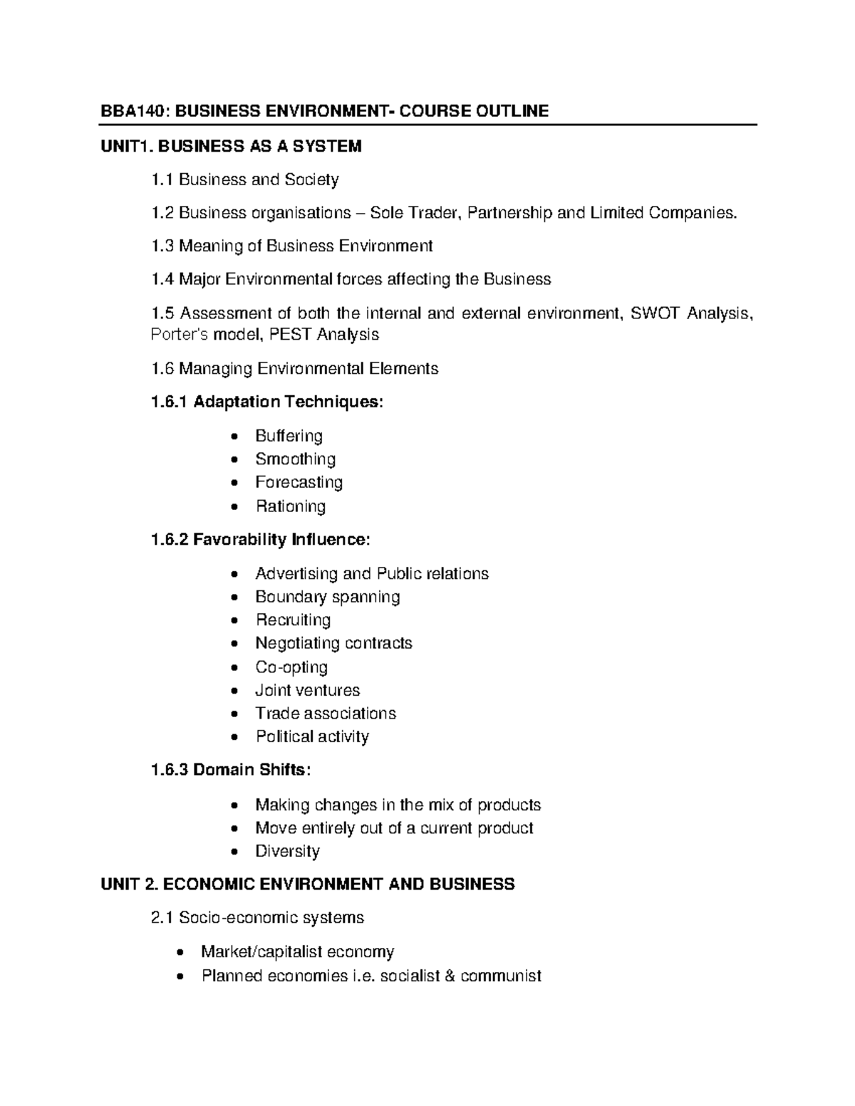 BBA140 Course Outline-FPD-1-2020-1 - BBA140: BUSINESS ENVIRONMENT ...