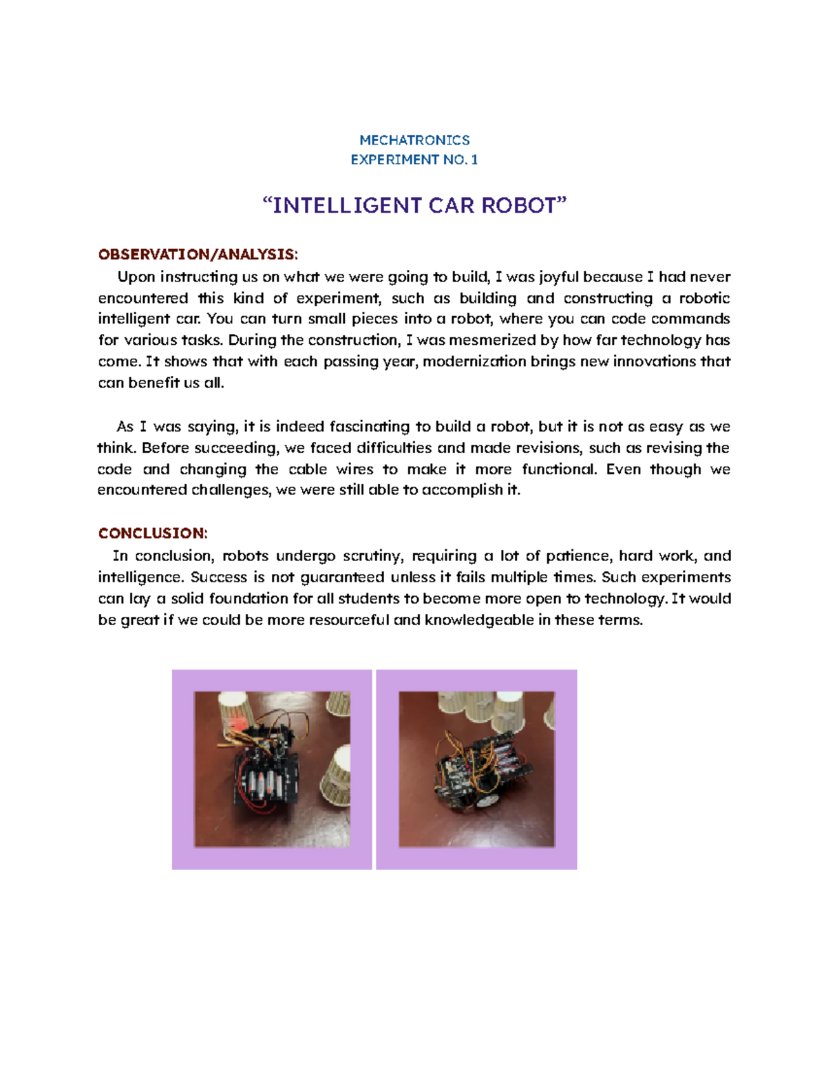 experiment and laboratory - MECHATRONICS EXPERIMENT NO. 1 “INTELLIGENT ...