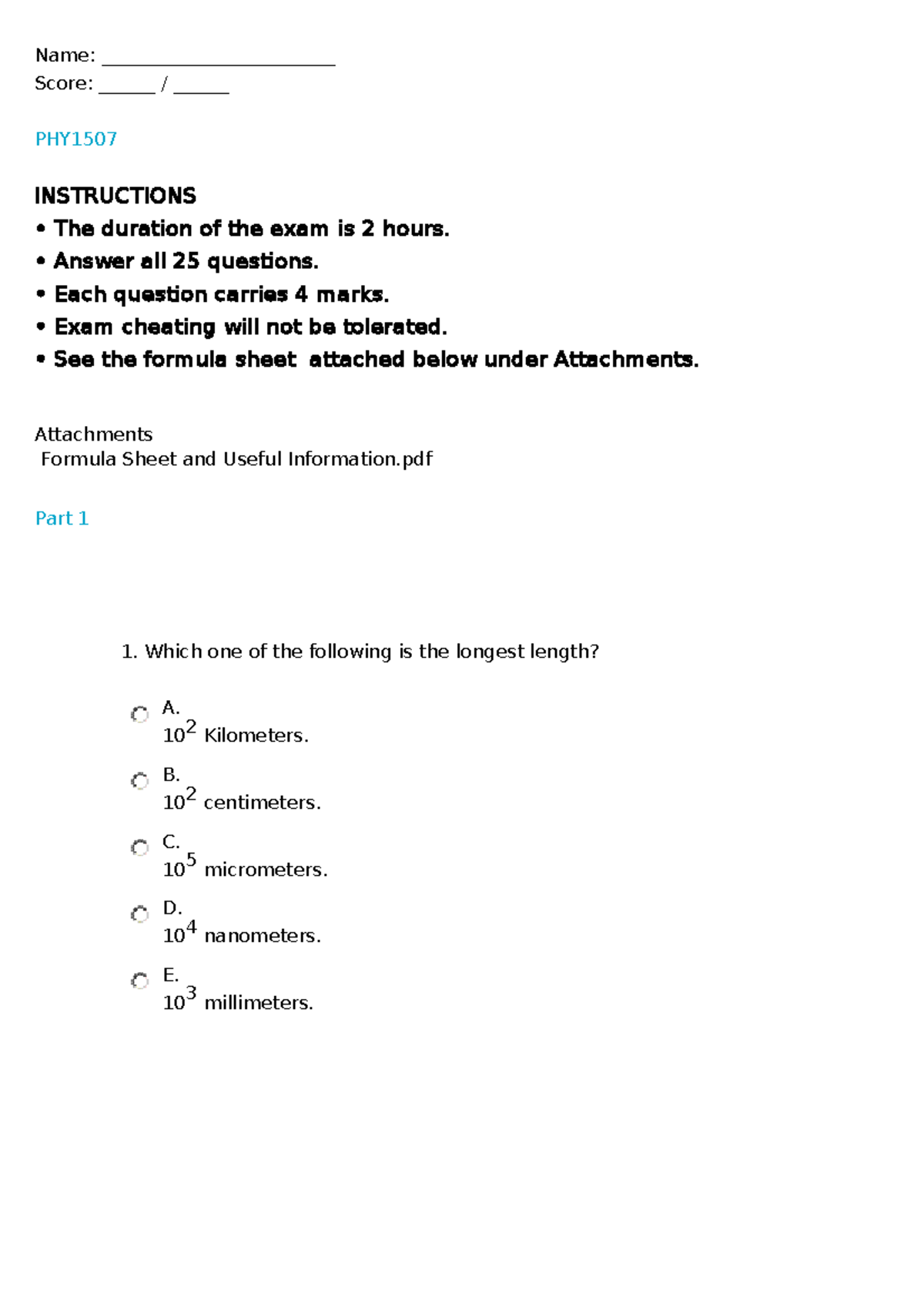 PHY1507 Final Exam Instructions and Sample Questions - Studocu