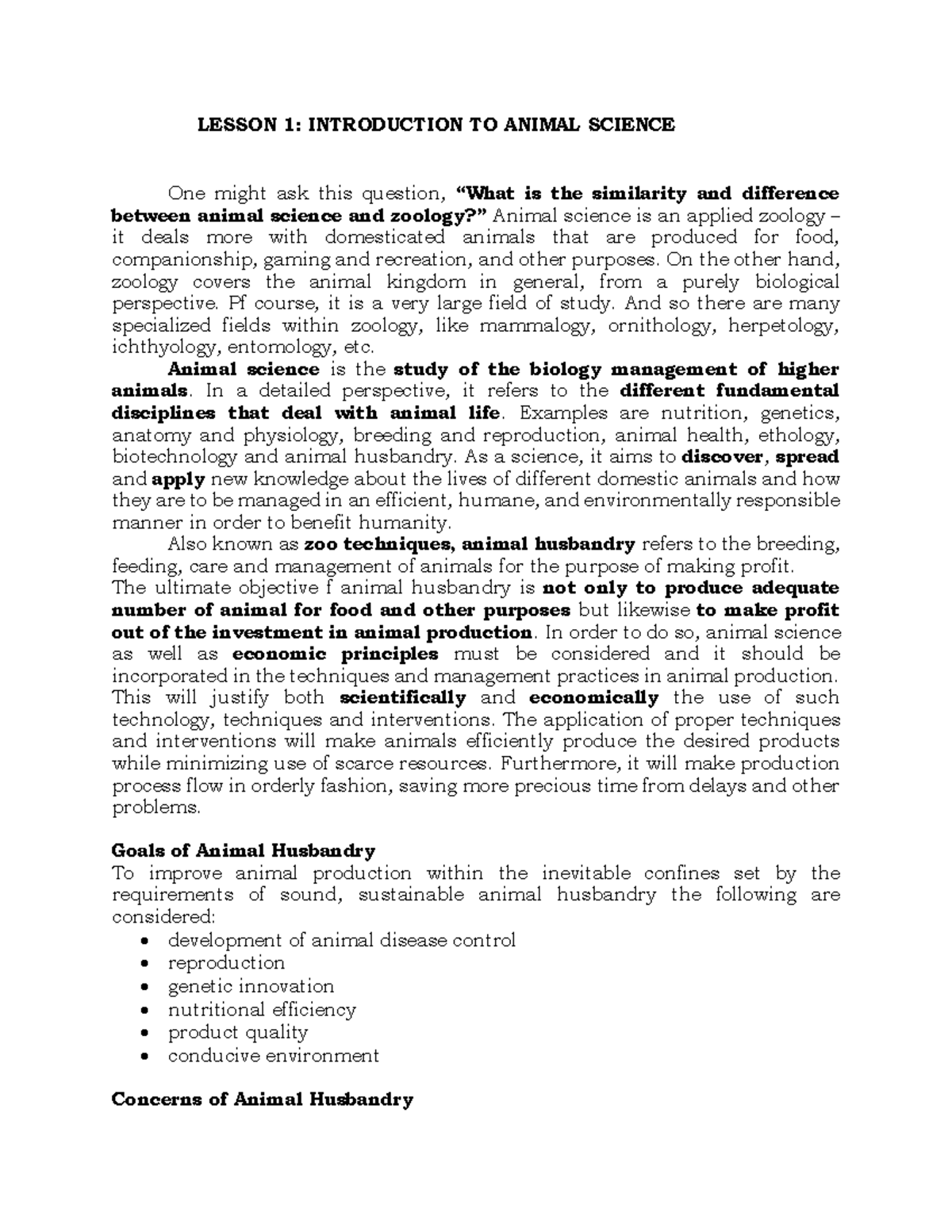 LESSON 1: INTRODUCTION TO ANIMAL SCIENCE AND HUSBANDRY - Studocu
