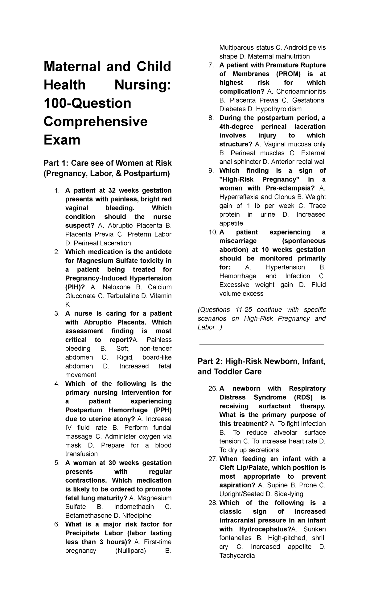 OB 2 - Comprehensive Exam Practice Questions: Maternal & Child Health ...