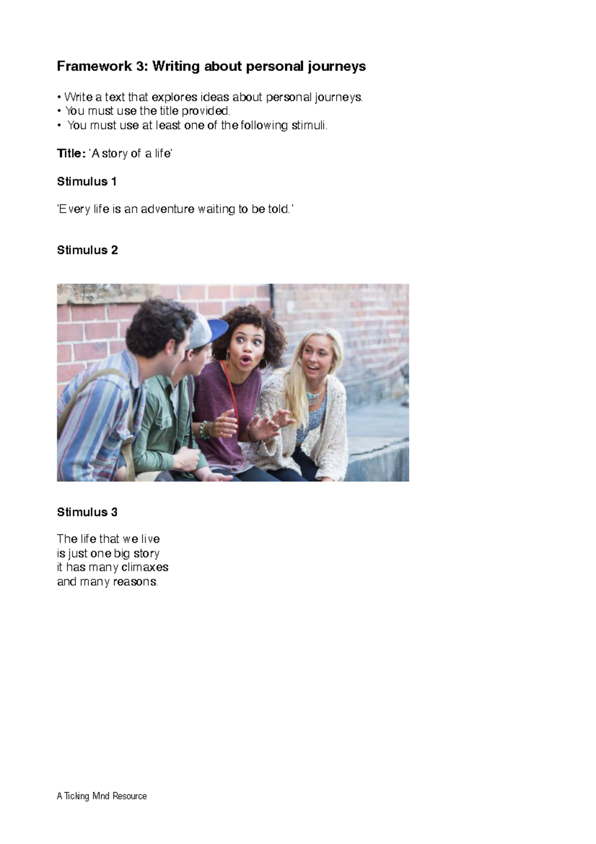 Prompt Sheet 5 Stories - ENGLISH - Framework 3: Writing about personal ...