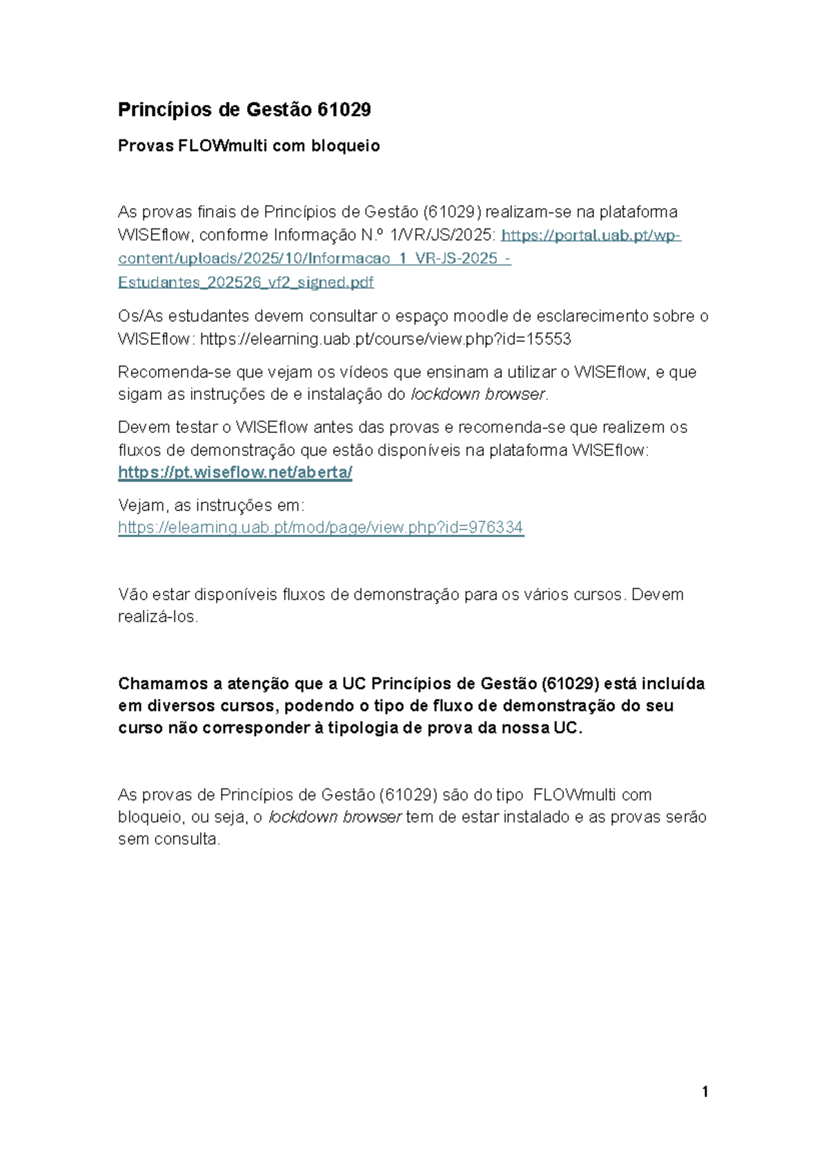 Provas Finais de Princípios de Gestão 61029: Instruções e Avaliação ...