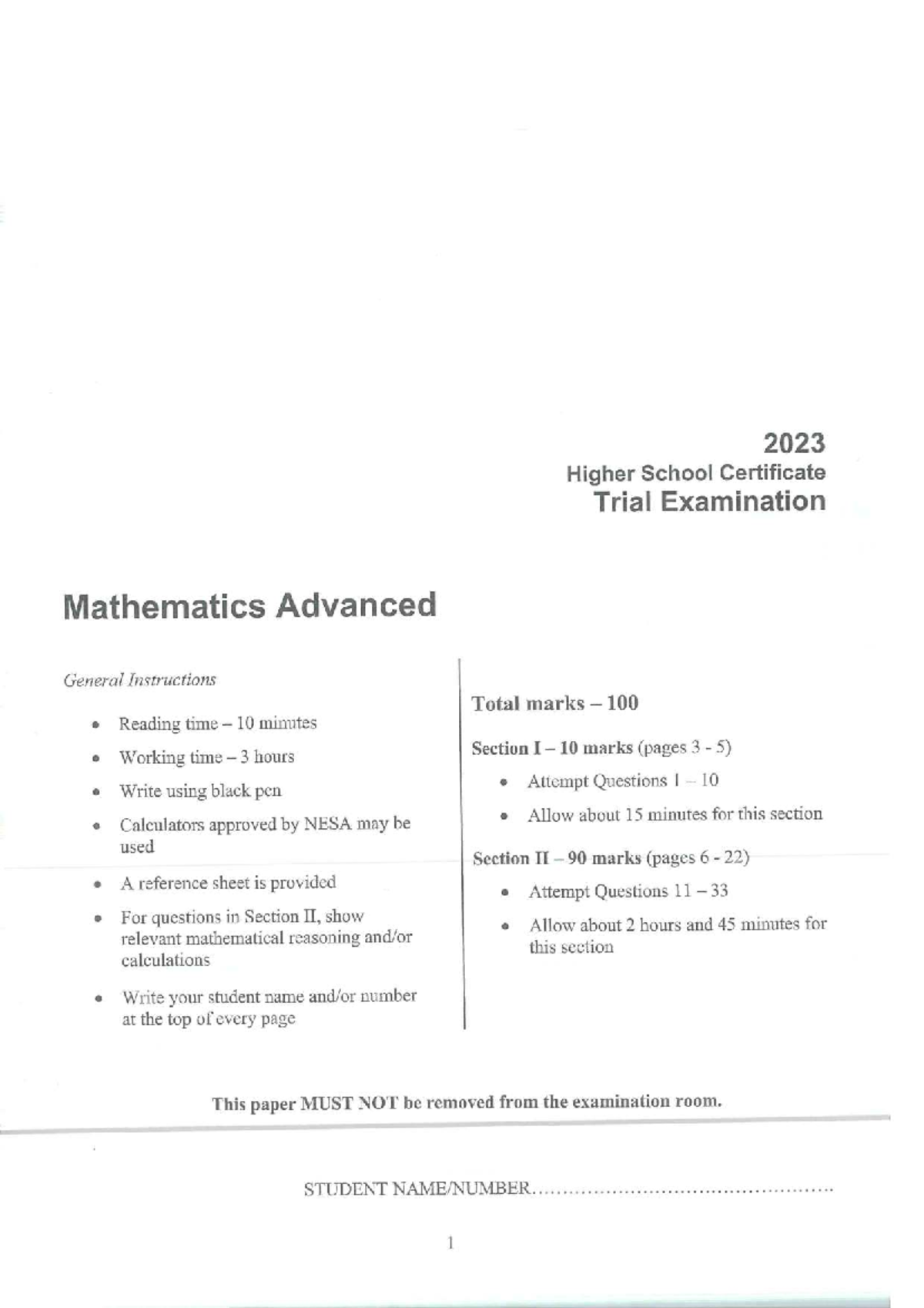2023 HSC Trial Exam Mathematics Adv (12 Ind Adv 23) Paper & Solutions ...