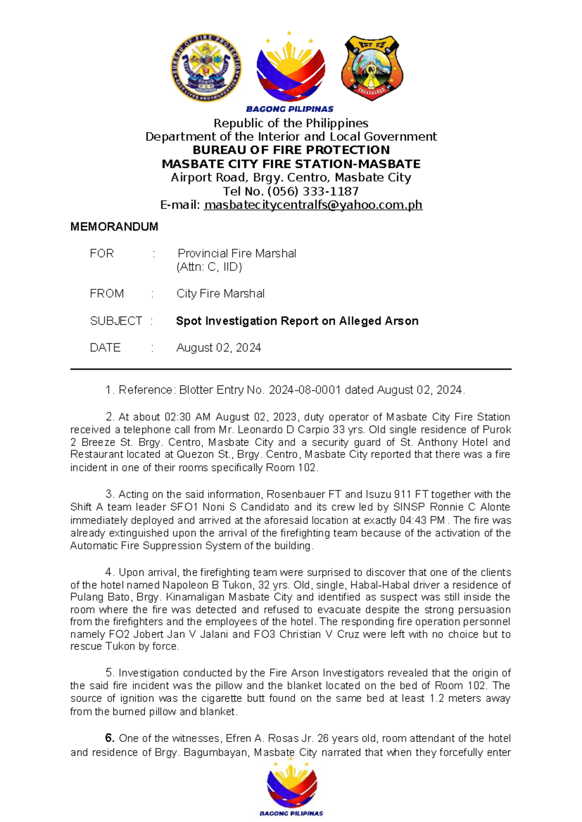 Spot Investigation Report on Alleged Arson - BFP Masbate City - Studocu