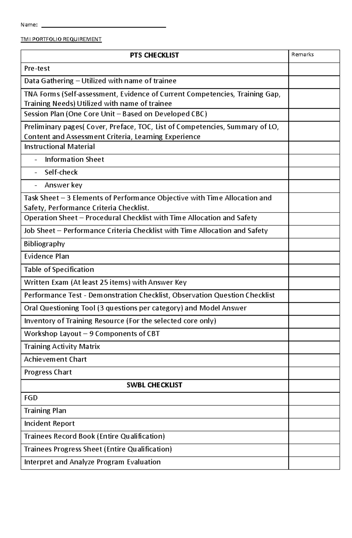 TMI PORTFOLIO CHECKLIST 2021: PTS & Competency Requirements - Studocu