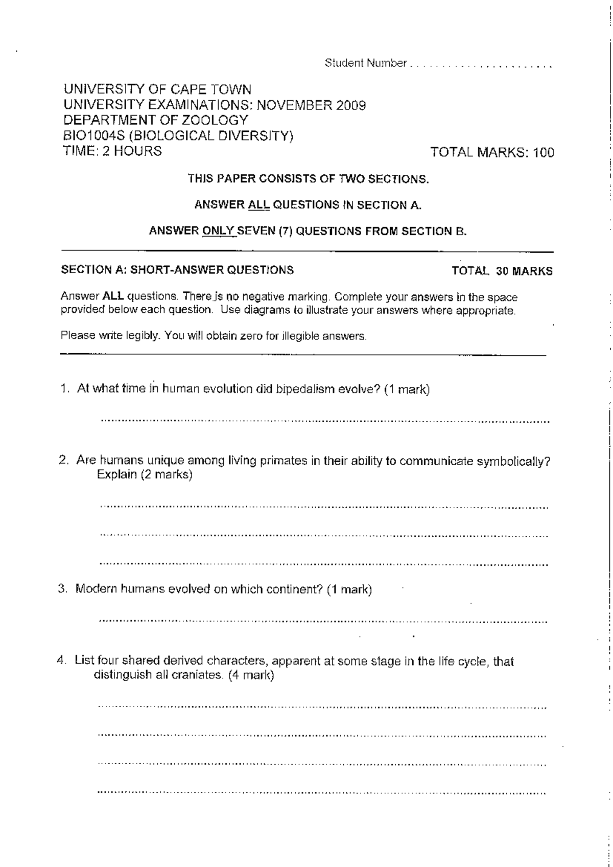BIO1004S - Final Exam: Biological Diversity November 2009 - Studocu