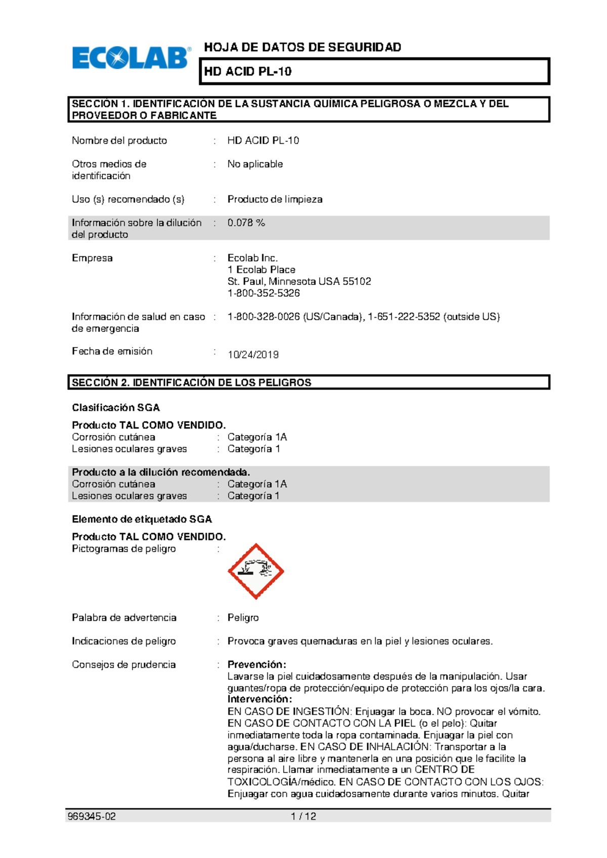 Hoja de Datos de Seguridad HD ACID - Ácido Fosfórico - Studocu
