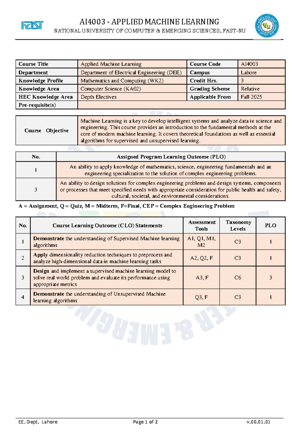 AI4003 - Applied Machine Learning Course Outline for Fall 2025 - Studocu