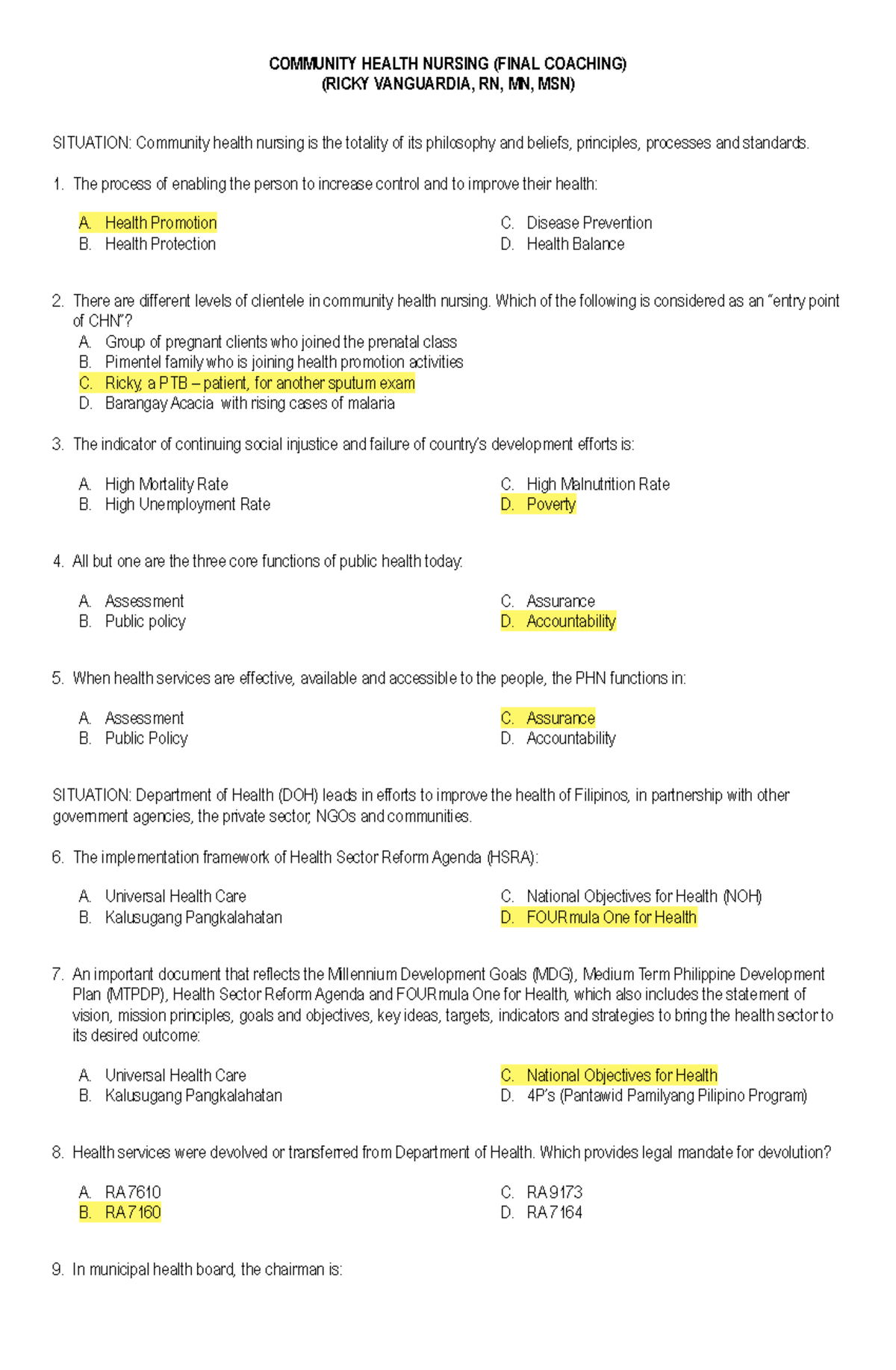 FC CHN 2022 Final Coaching: Community Health Nursing Concepts and Assessments - Studocu