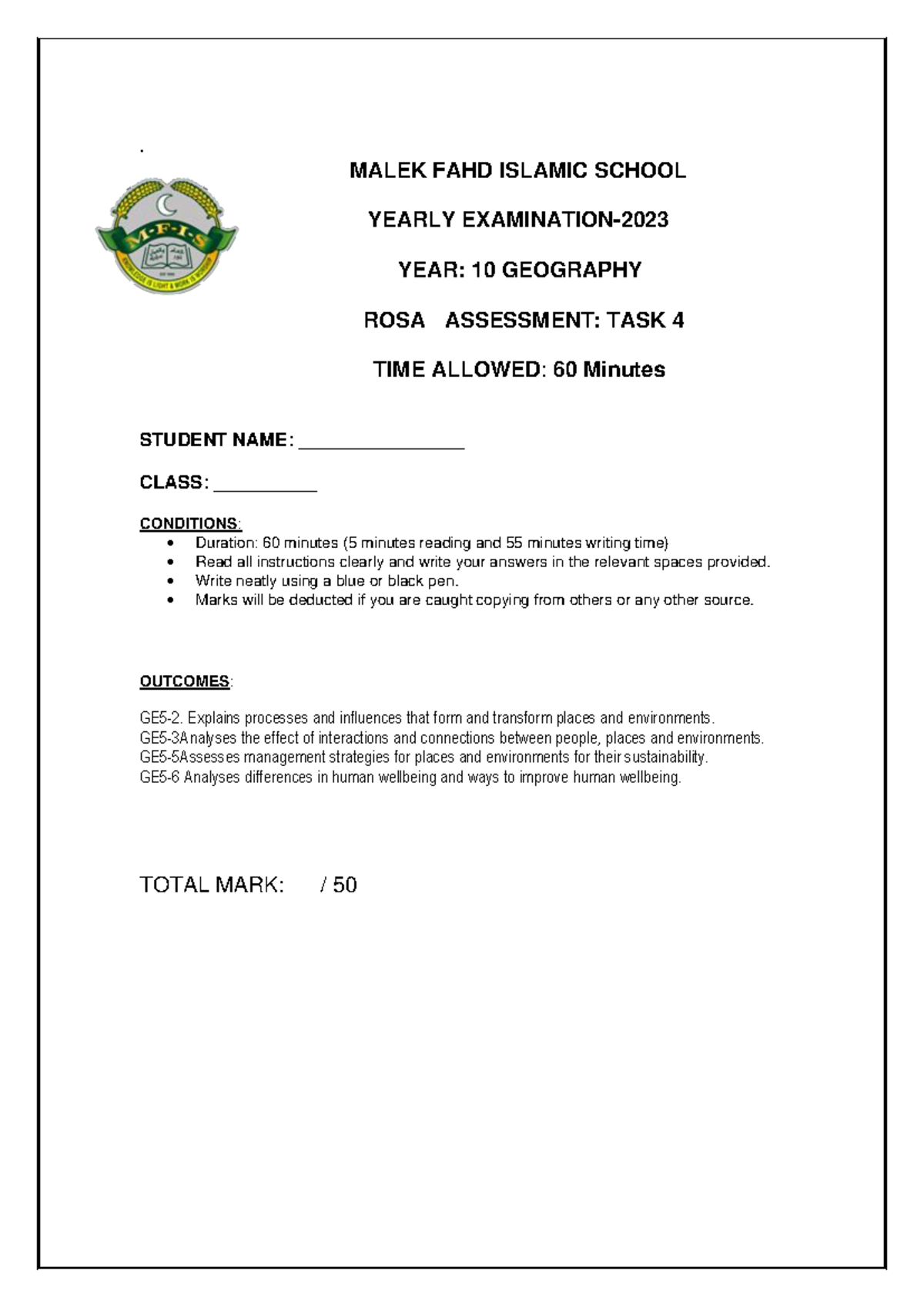 Year 10 Geography Final Exam 2023 - Malek Fahd Islamic School - Studocu
