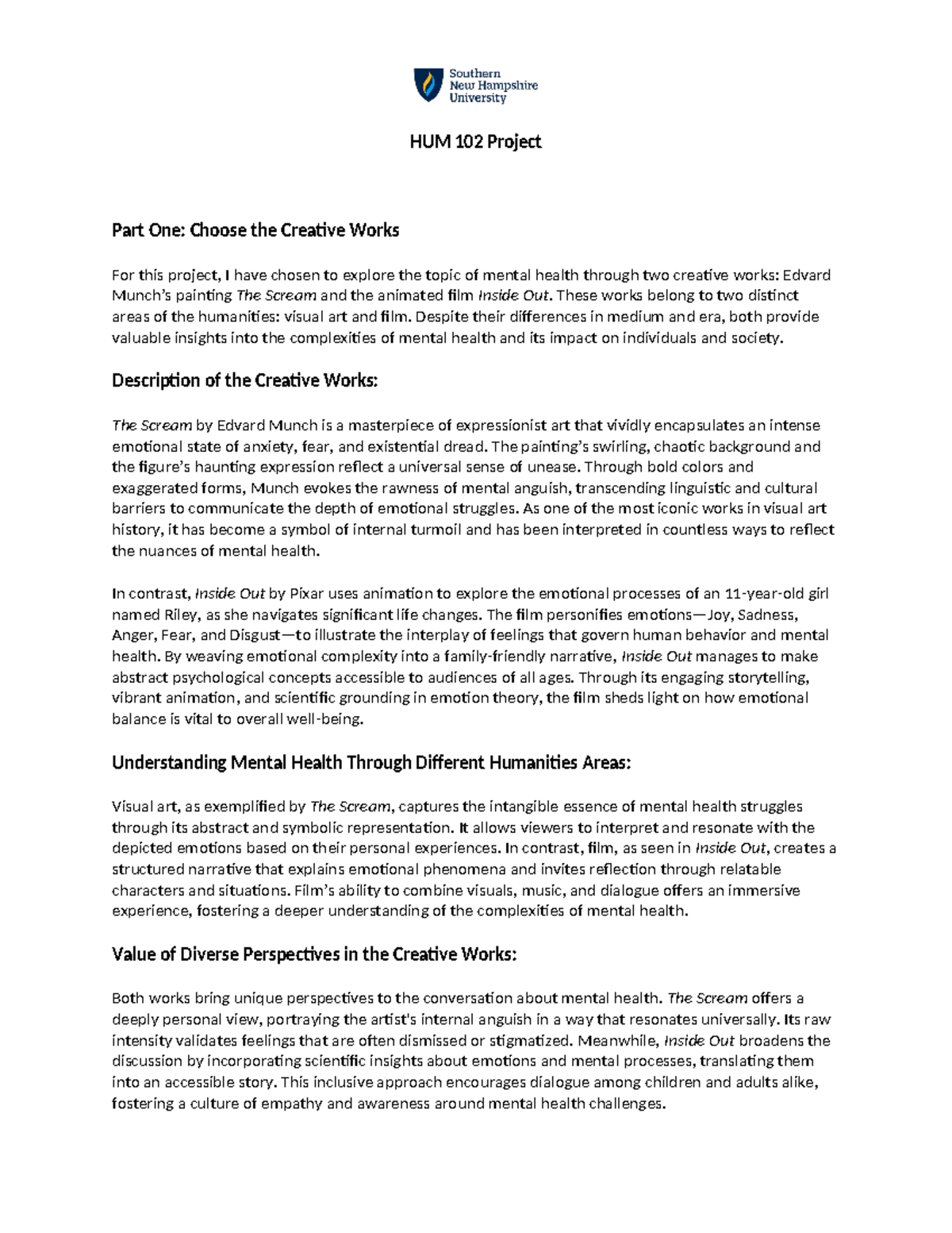 HUM 102 Project: Exploring Mental Health Through Art & Film - Studocu