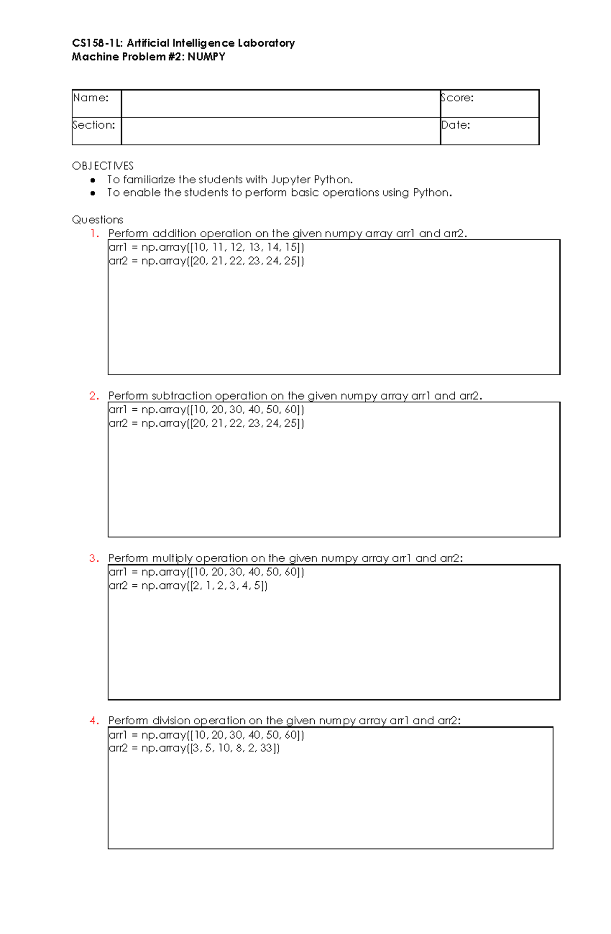CS158-1L Machine Problem 2: Numpy Operations Guide - Studocu
