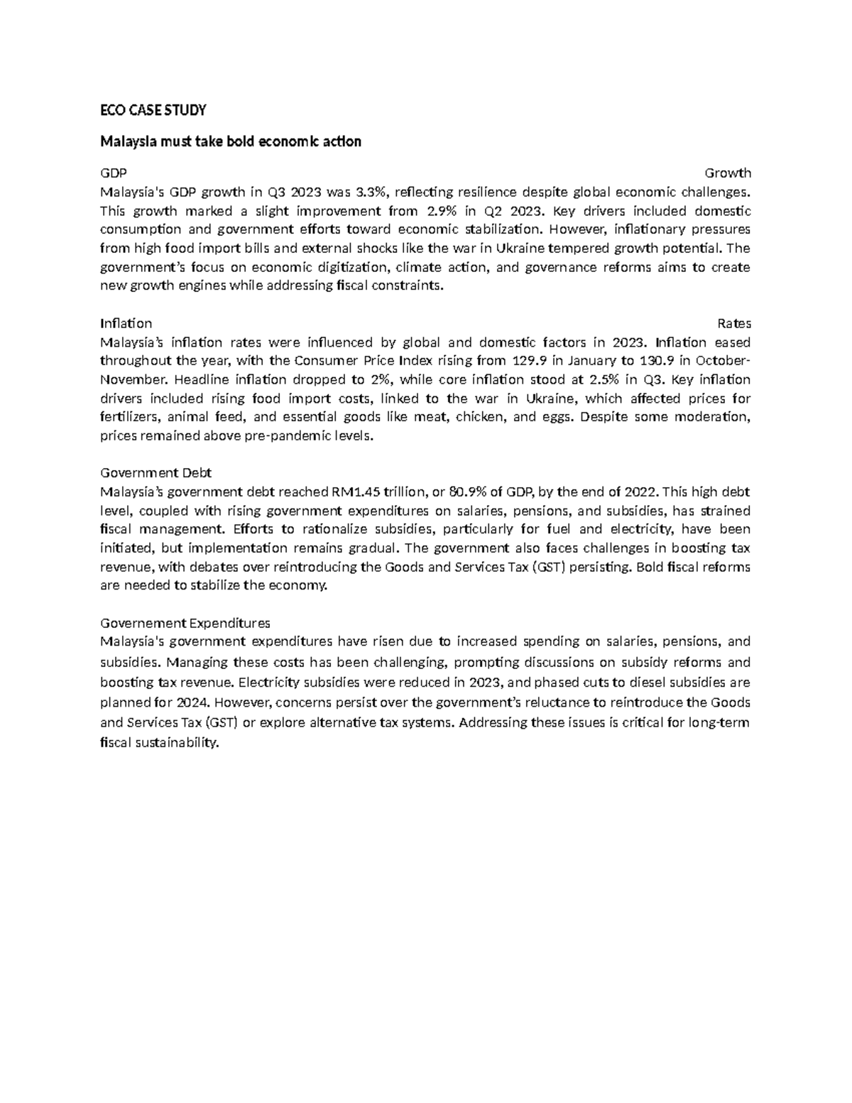 ECO Case Study: Economic Actions for Malaysia & Bangladesh - Studocu