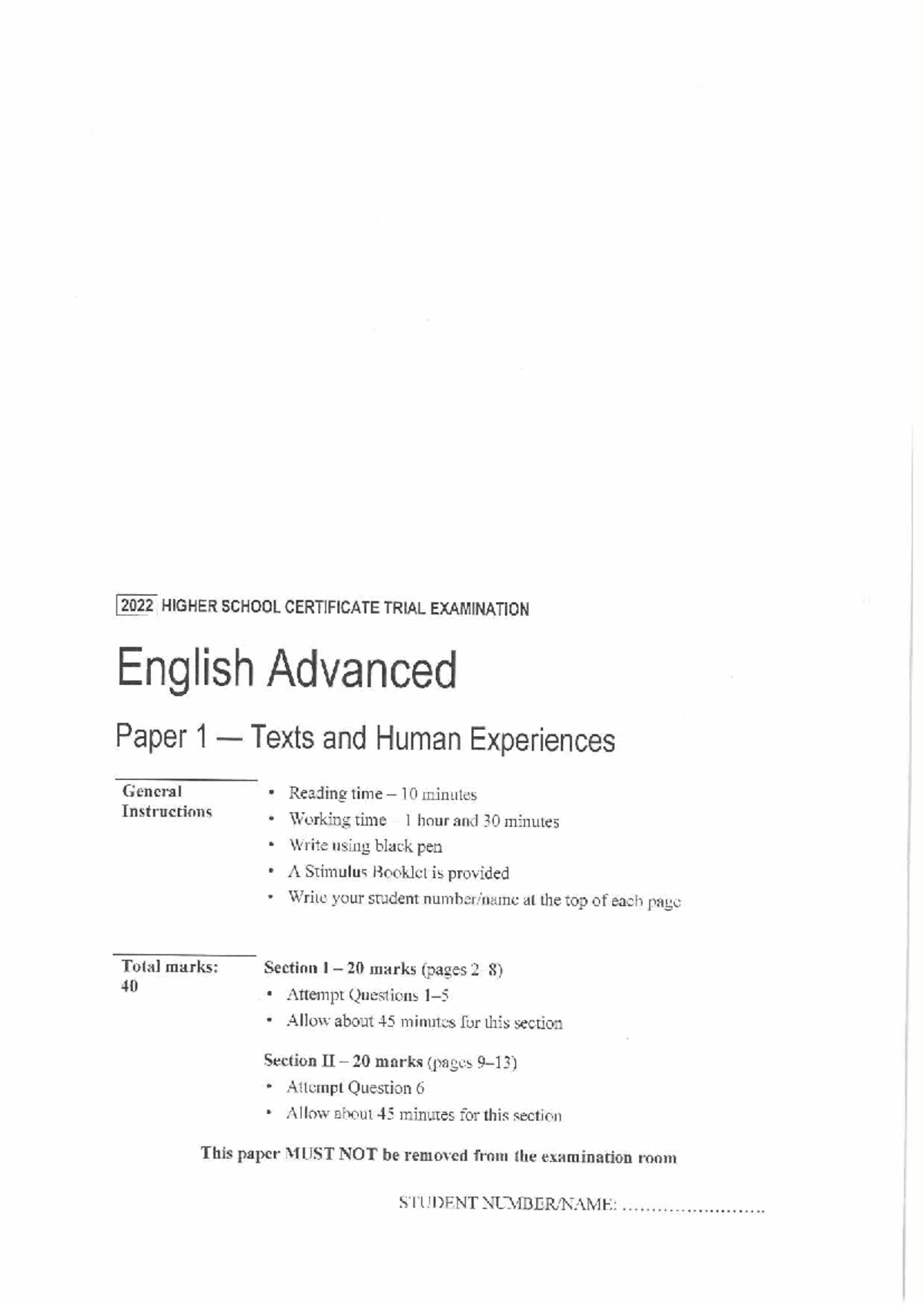 HSC Trial Exam: English Advanced Paper 1 - Texts & Human Experiences ...