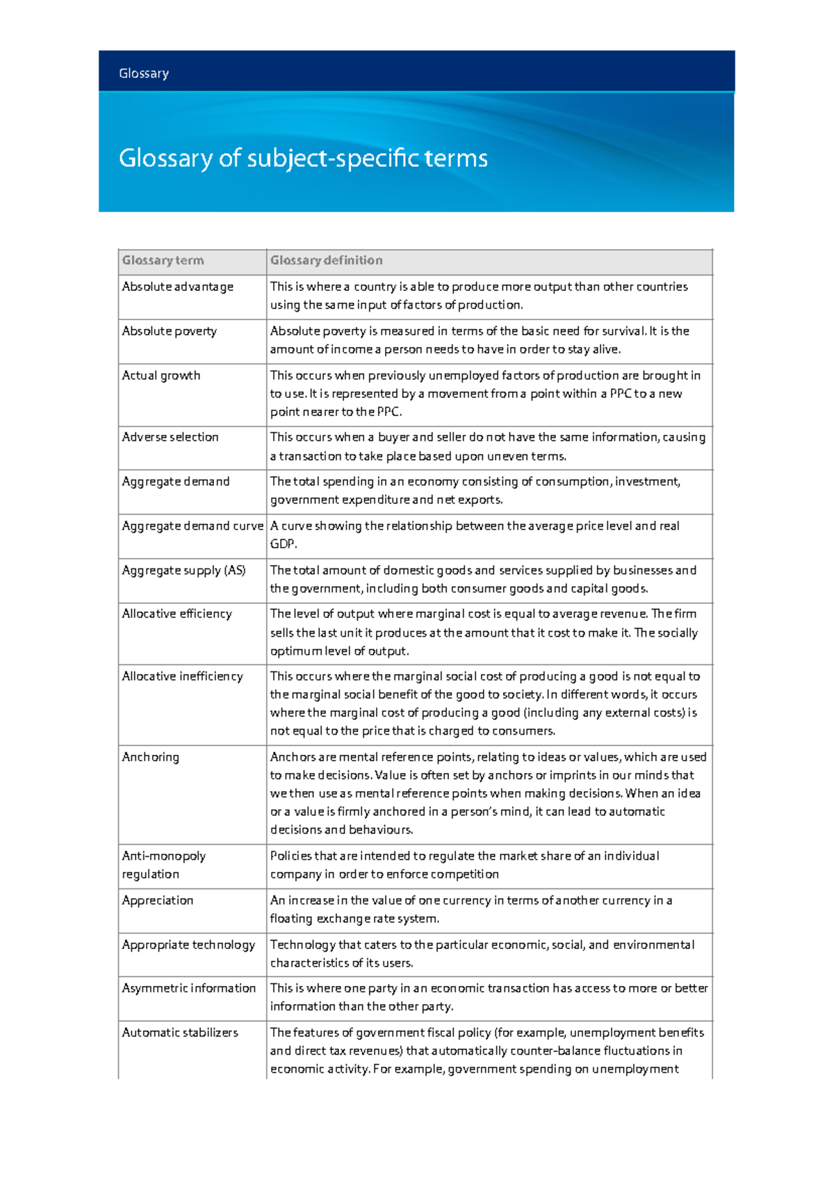 IB Econ Glossary - Key Economic Terminologies and Definitions - Studocu