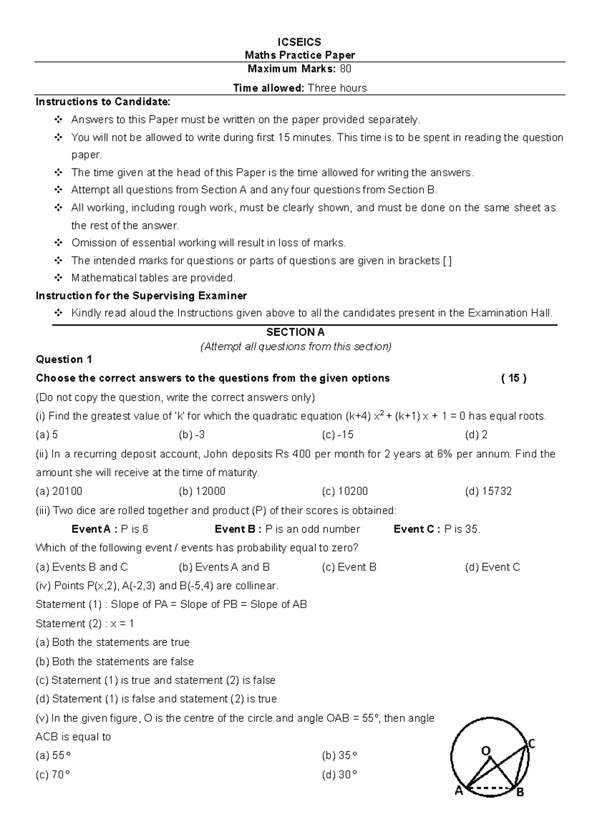 ICSE-ICS Maths Practice Paper: Sample Questions & Solutions - Studocu
