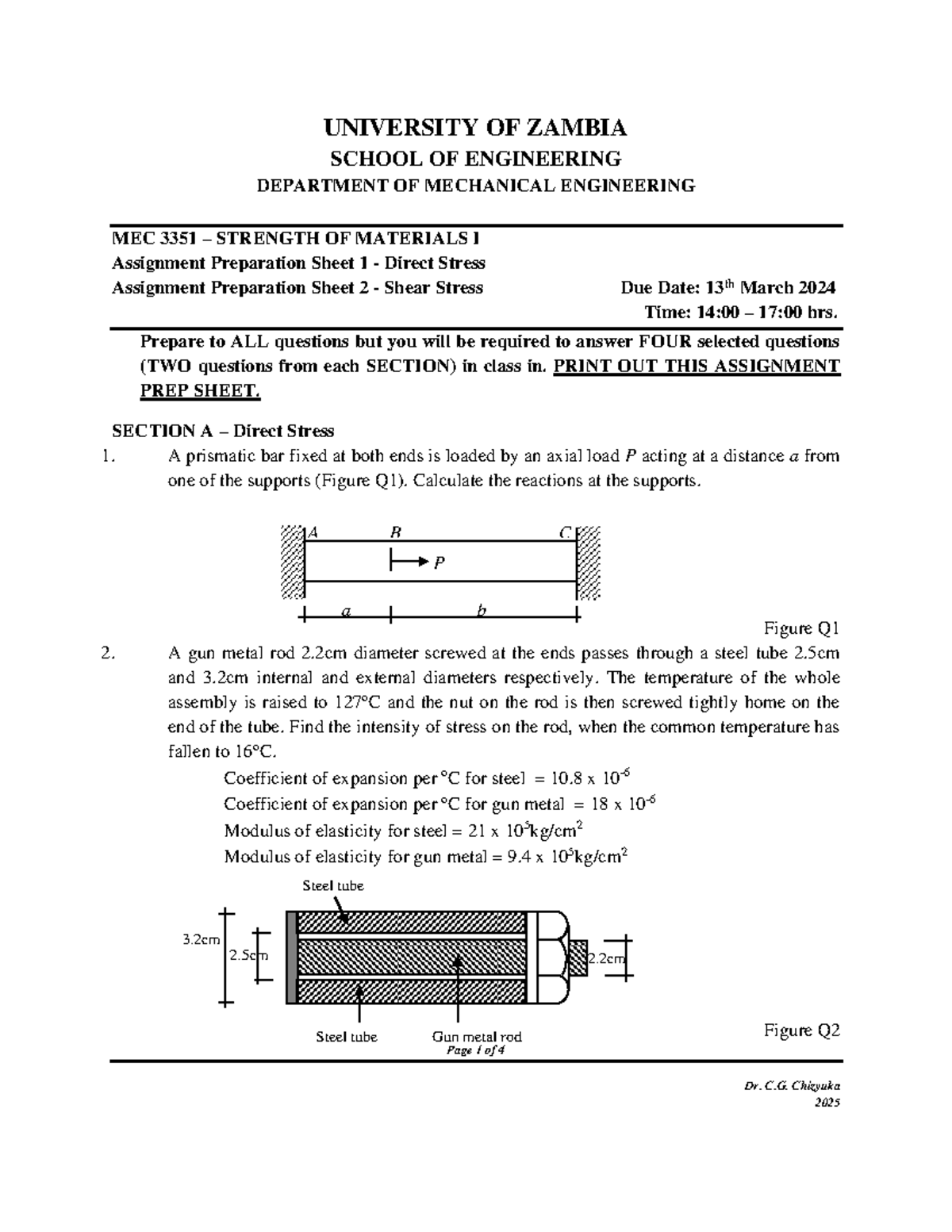 MEC 3351 Strength of Materials I Direct & Shear Stress Assignment 2025 - Studocu