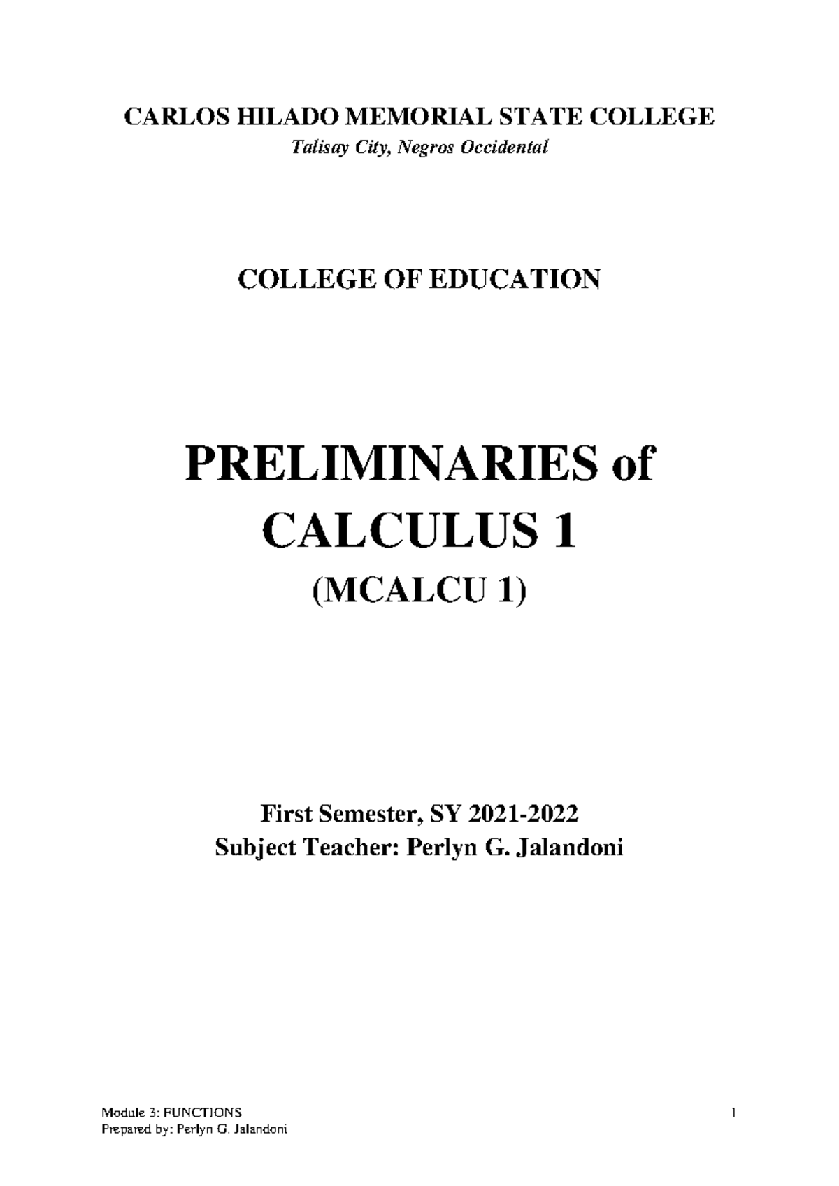 Module 3: Functions in MCALCU 1 - Preliminaries of Calculus 1 - Studocu