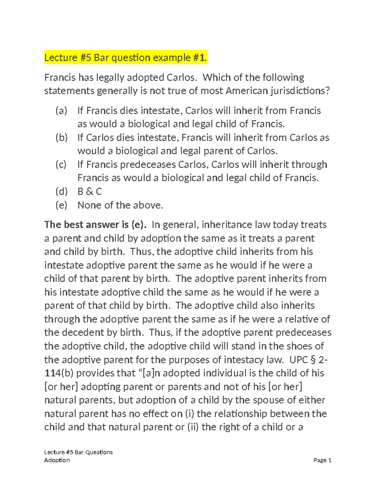 Lecture #5 Bar Questions on Adoption and Intestate Succession - Studocu