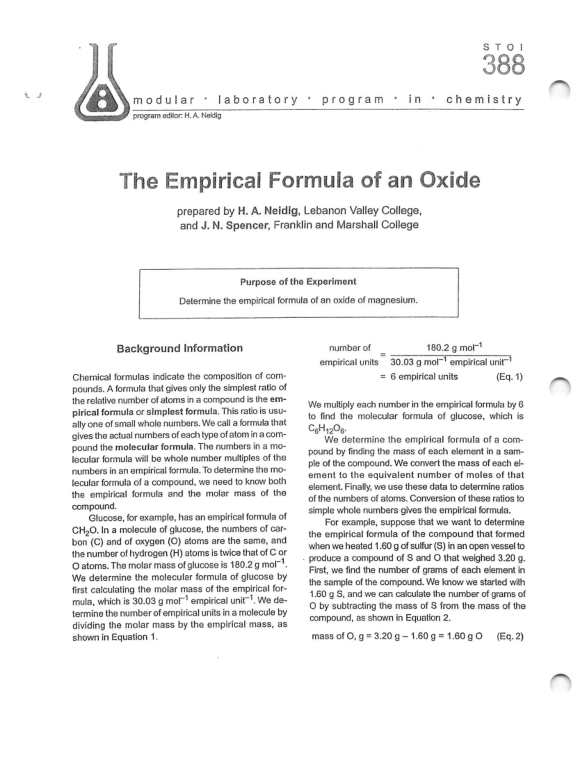STOI 388: Lab Manual on Determining the Empirical Formula of an Oxide ...