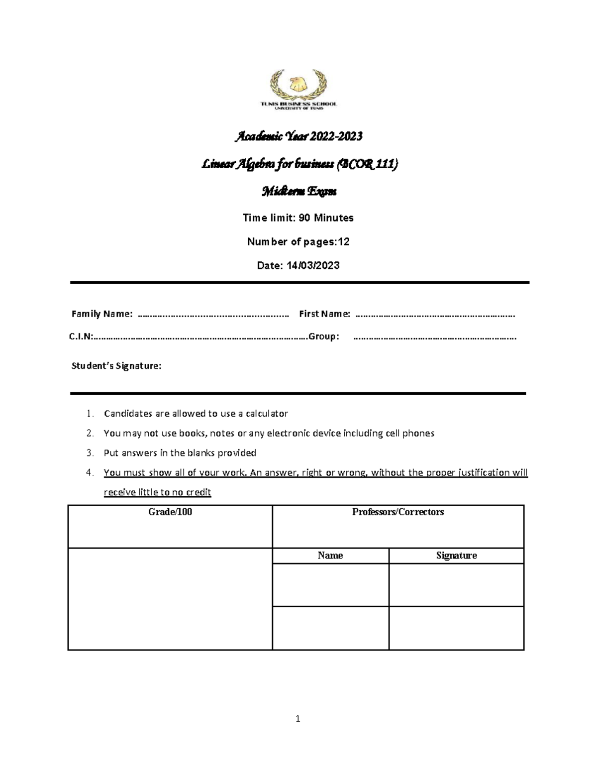 Linear Algebra Midterm Exam (BCOR 111) - Academic Year 2022-2023 - Studocu