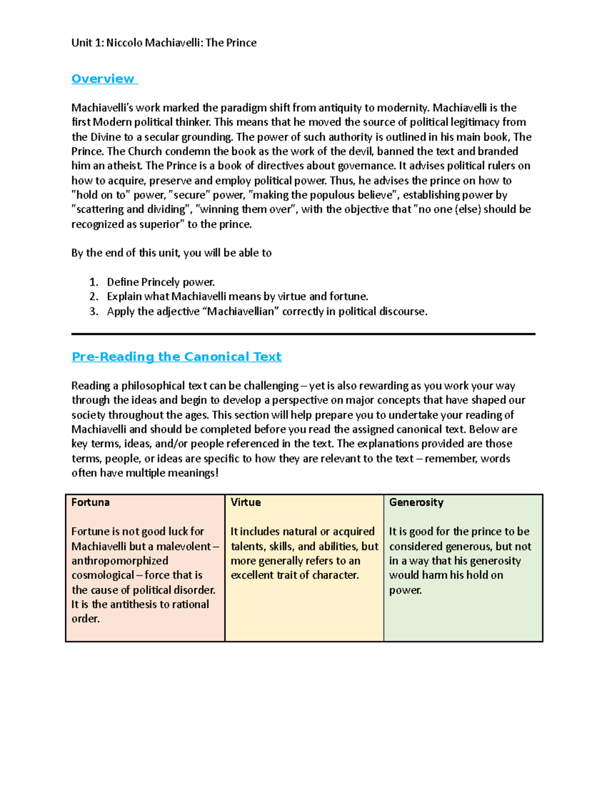 Unit 1: Analysis of Machiavelli's The Prince and Its Implications - Studocu