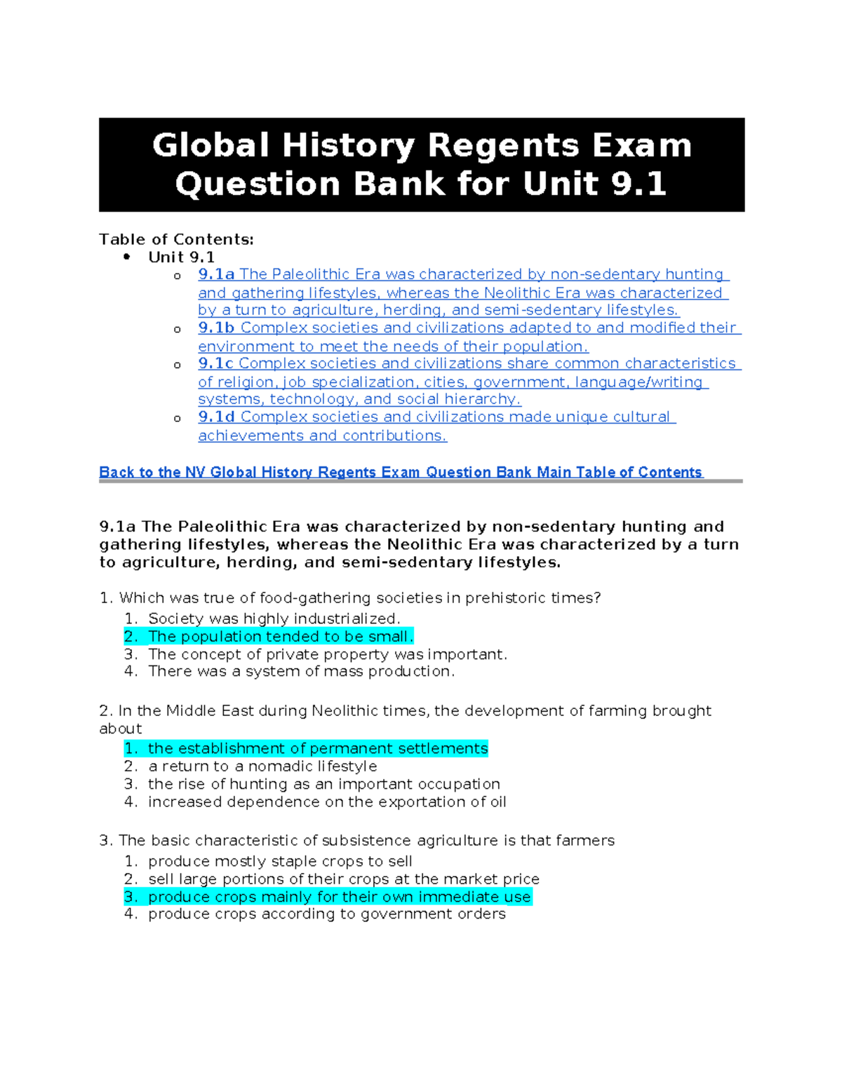 Global Regents Review Fundamentals Neolithic Revolution GLOBAL HISTORY