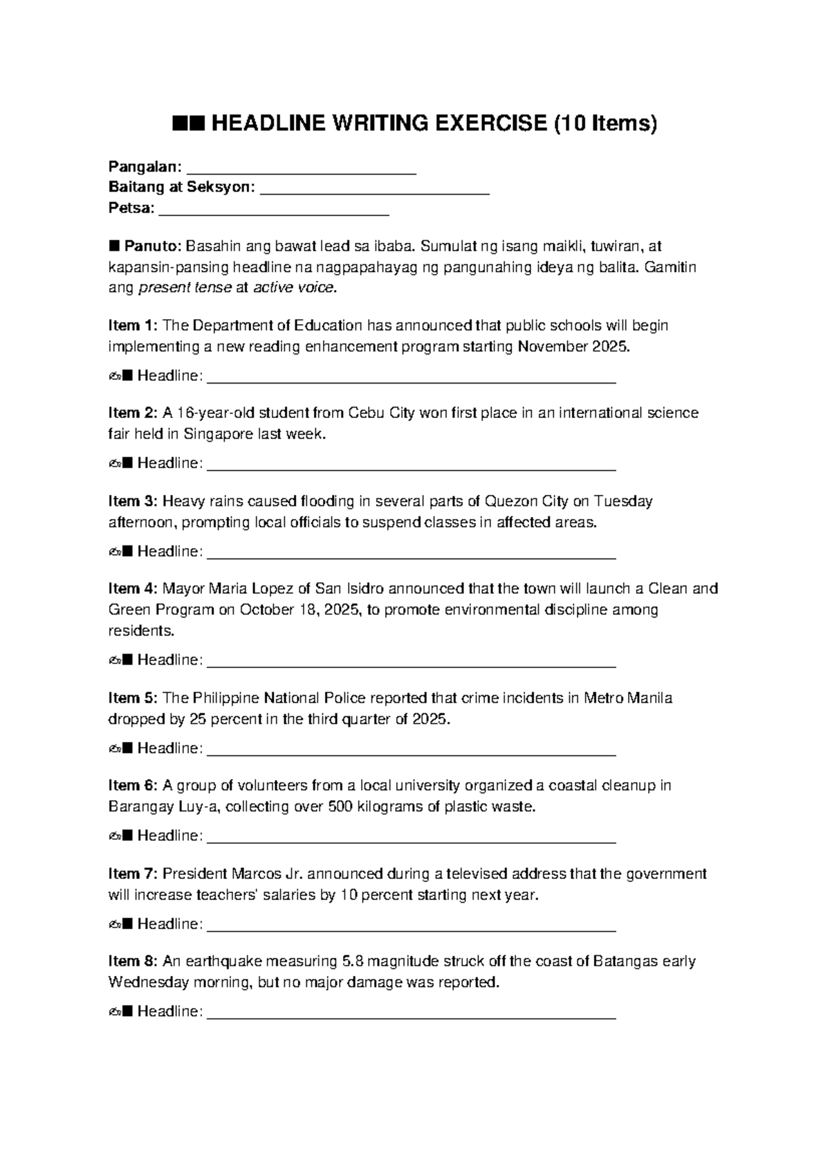 Headline Writing Exercise (10 Items) for Baitang at Seksyon - Studocu