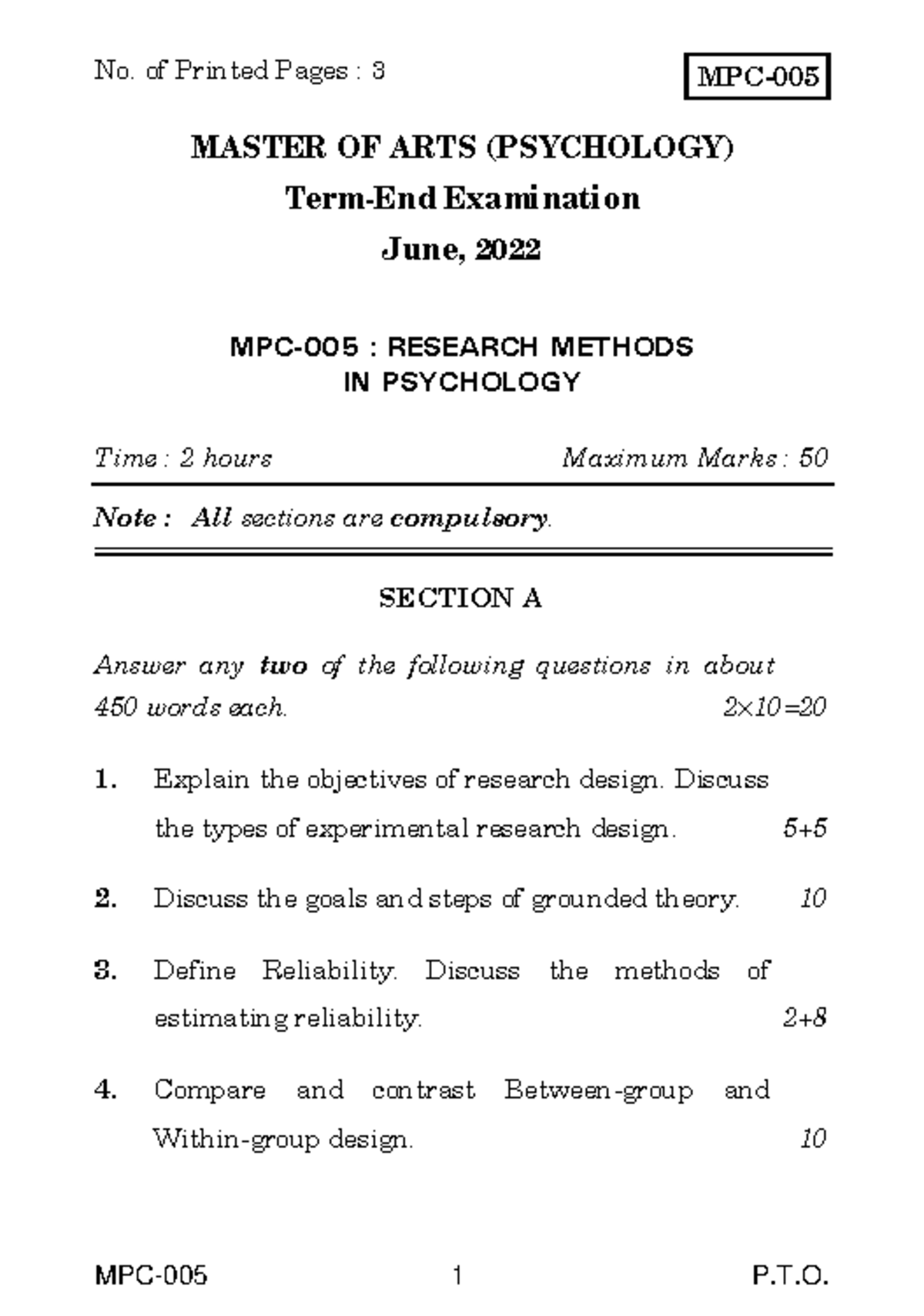 MPC-005 JUNE 2022 - Research Methods in Psychology Exam Questions - Studocu