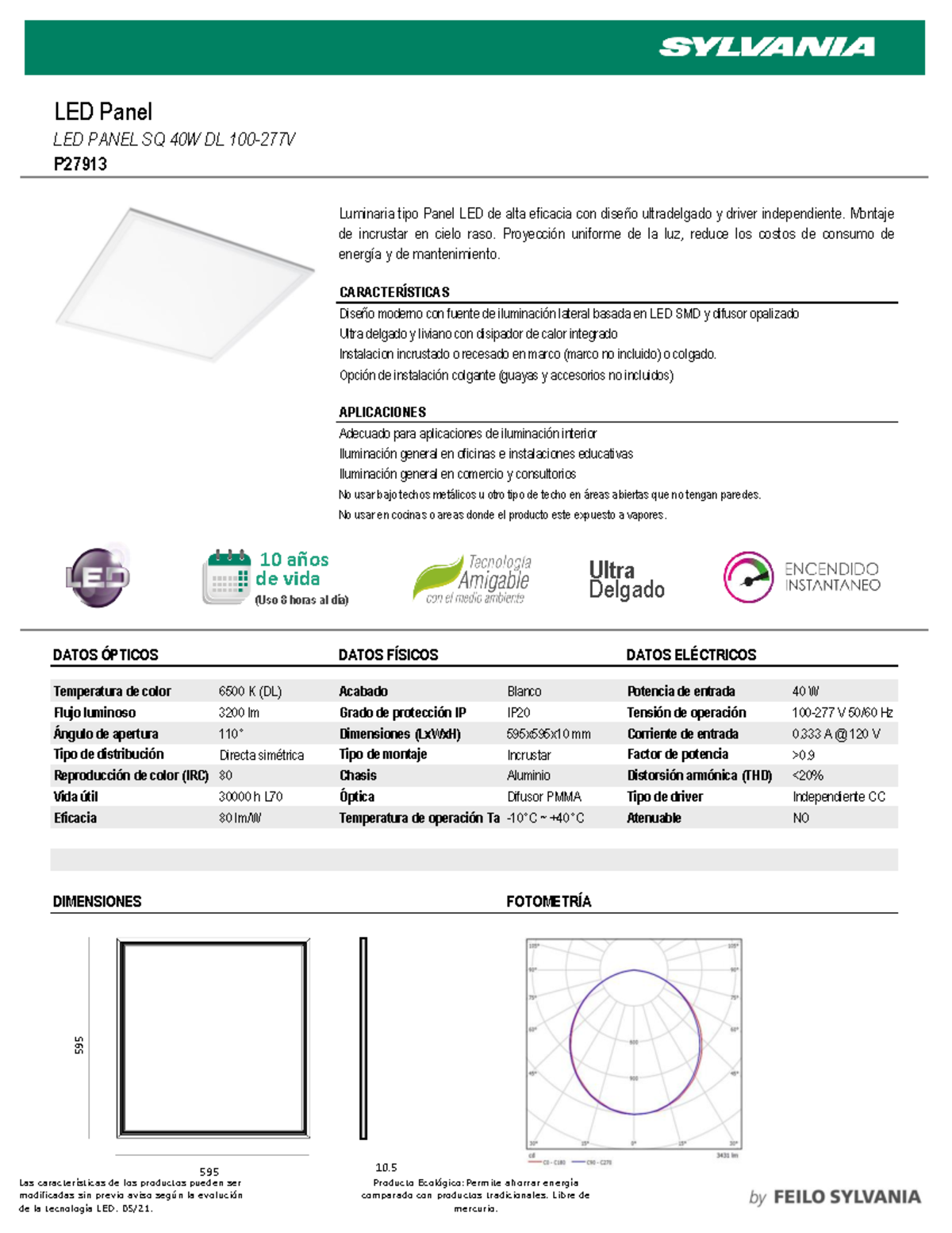 Lampara LED Panel 40W DL P27913 - Especificaciones y Aplicaciones - Studocu