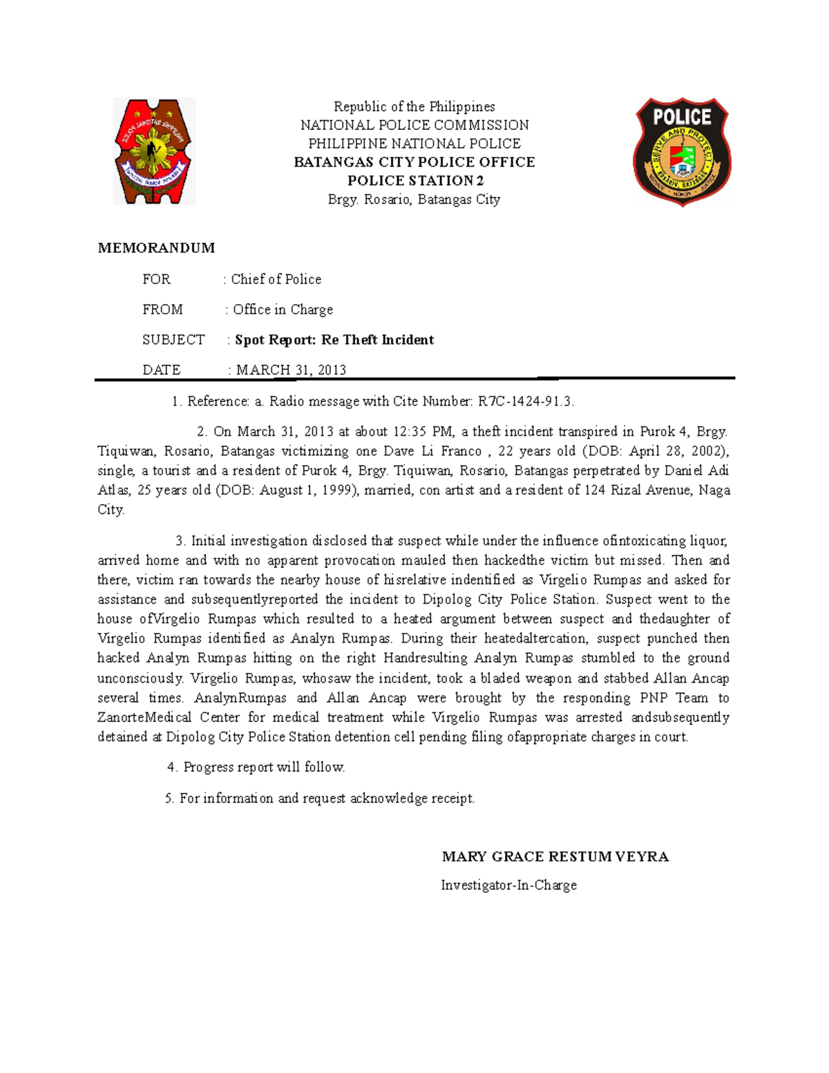 SPOT Report on Theft Incident in Batangas City - March 31, 2013 - Studocu