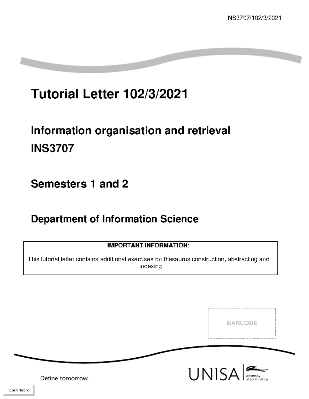 INS3707 2021 TL 102 003 - Tutorial Letter 102: Thesaurus & Indexing ...