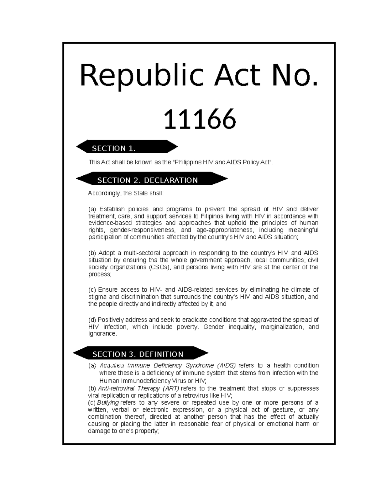 Philippine HIV and AIDS Policy Act: Overview of RA 11166 - Studocu