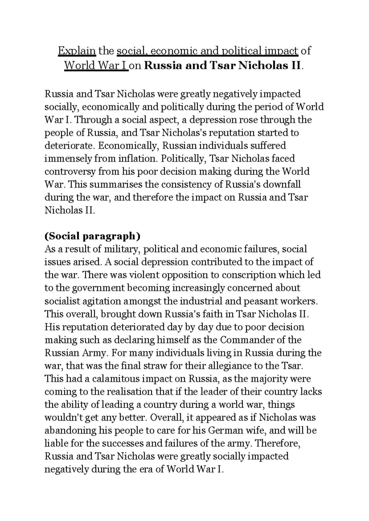 WWI Impact on Russia & Tsar Nicholas II: Social, Economic, Political ...