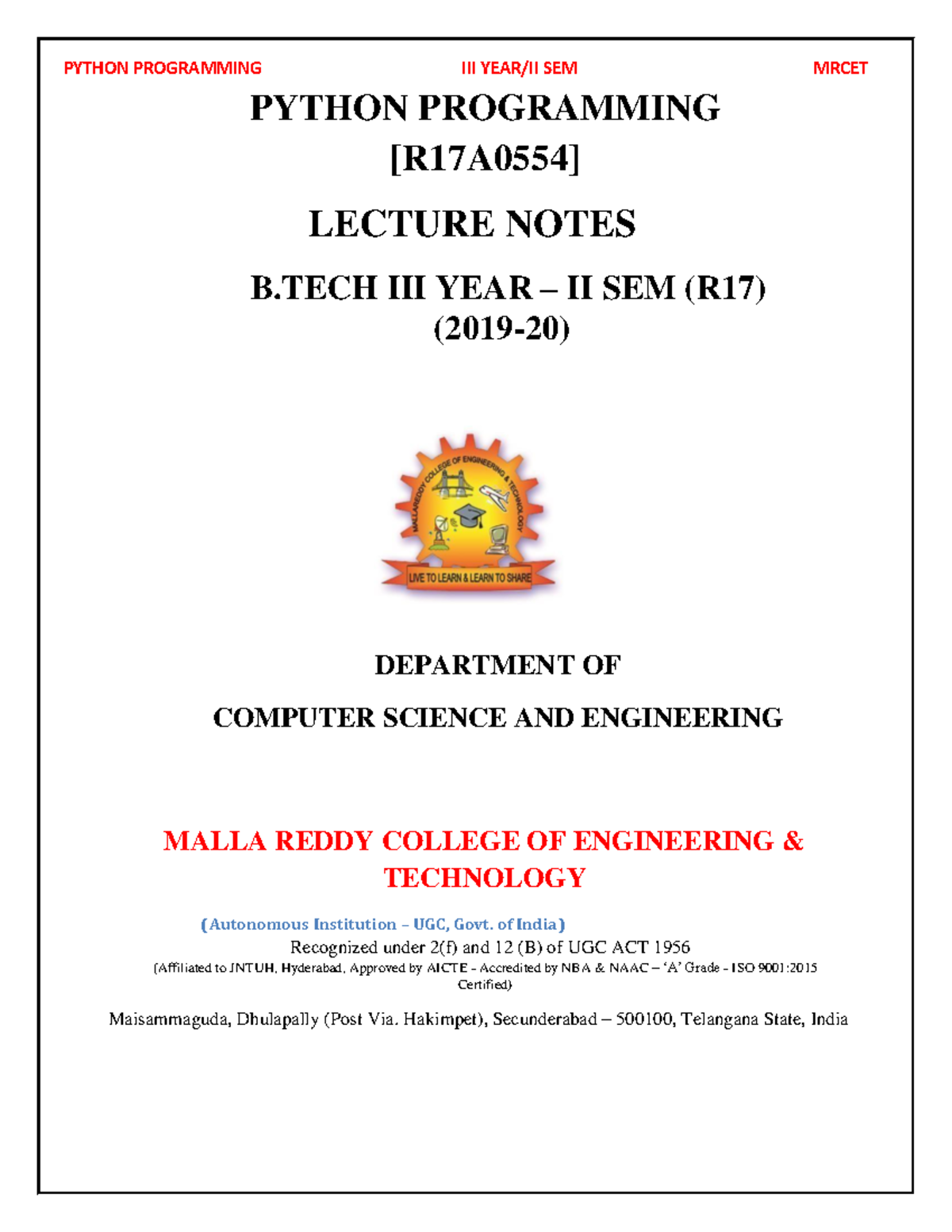Python Programming Notes - PYTHON PROGRAMMING [R17A05 54 ] LECTURE ...